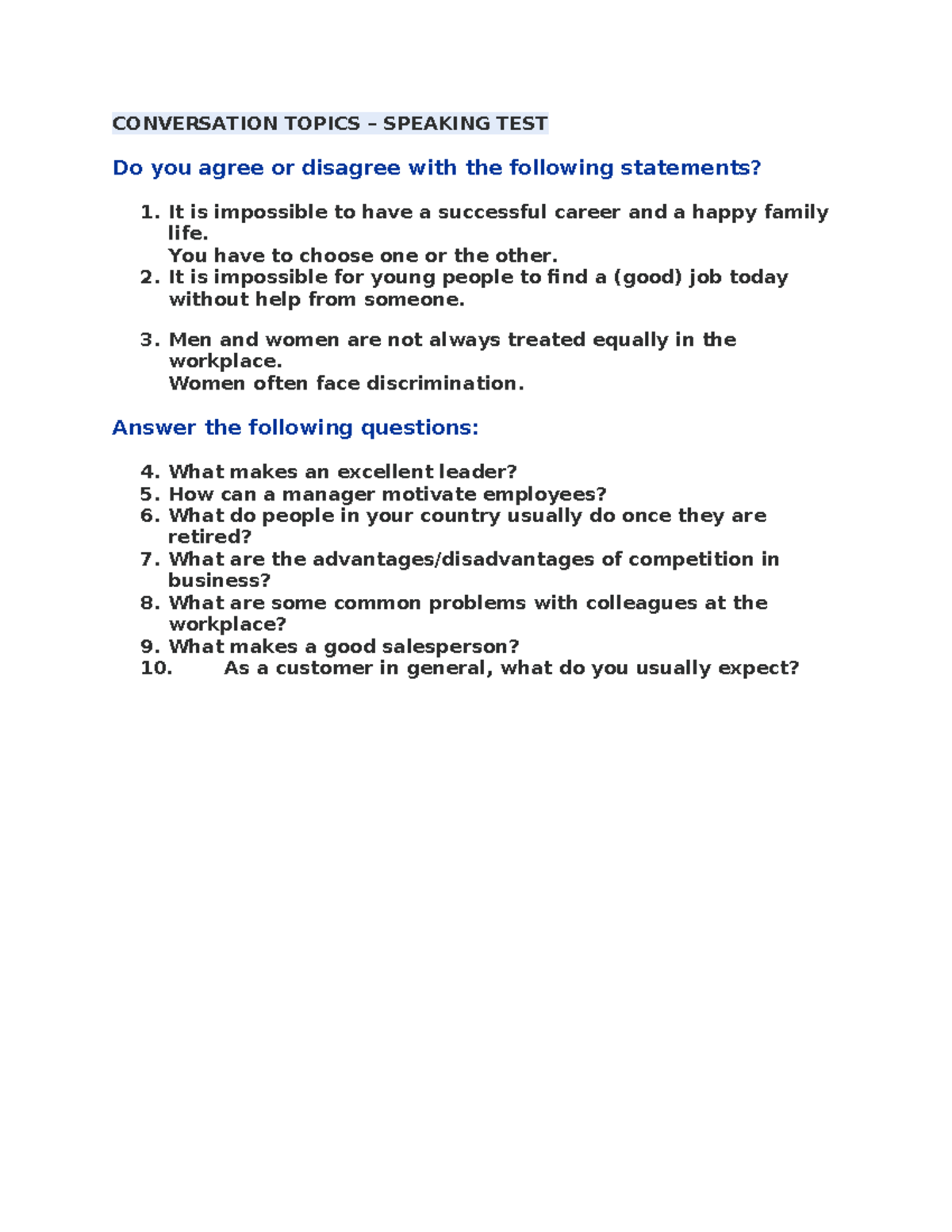 Conversation Topics. Simplified - CONVERSATION TOPICS – SPEAKING TEST ...