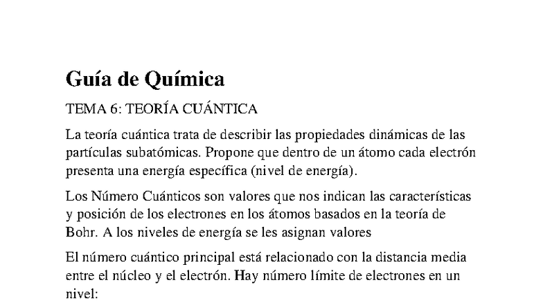 Guía de Química 2: Teoría Cuántica y Tabla Periódica - Studocu
