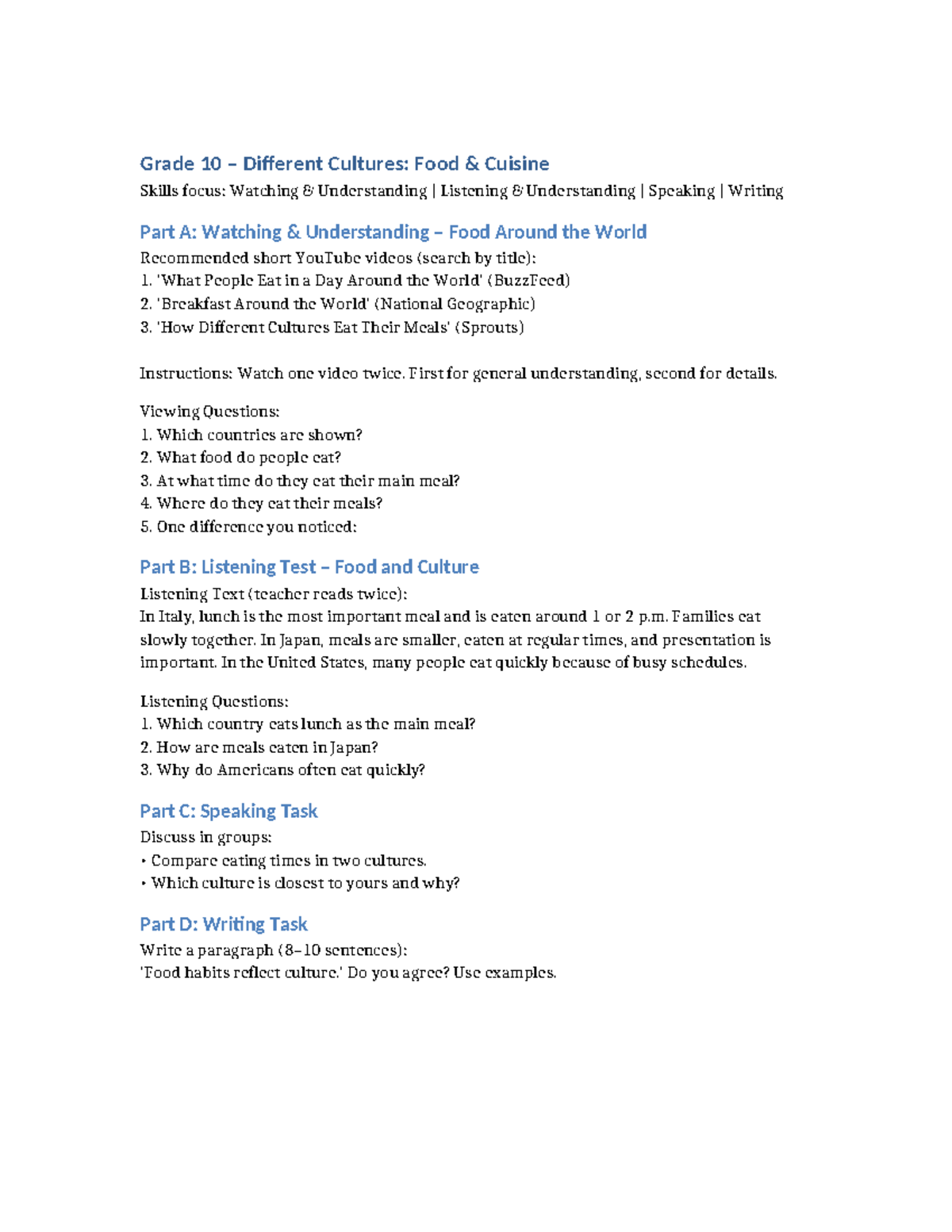Grade 10 Food and Culture Worksheet: Exploring Global Cuisines - Studocu