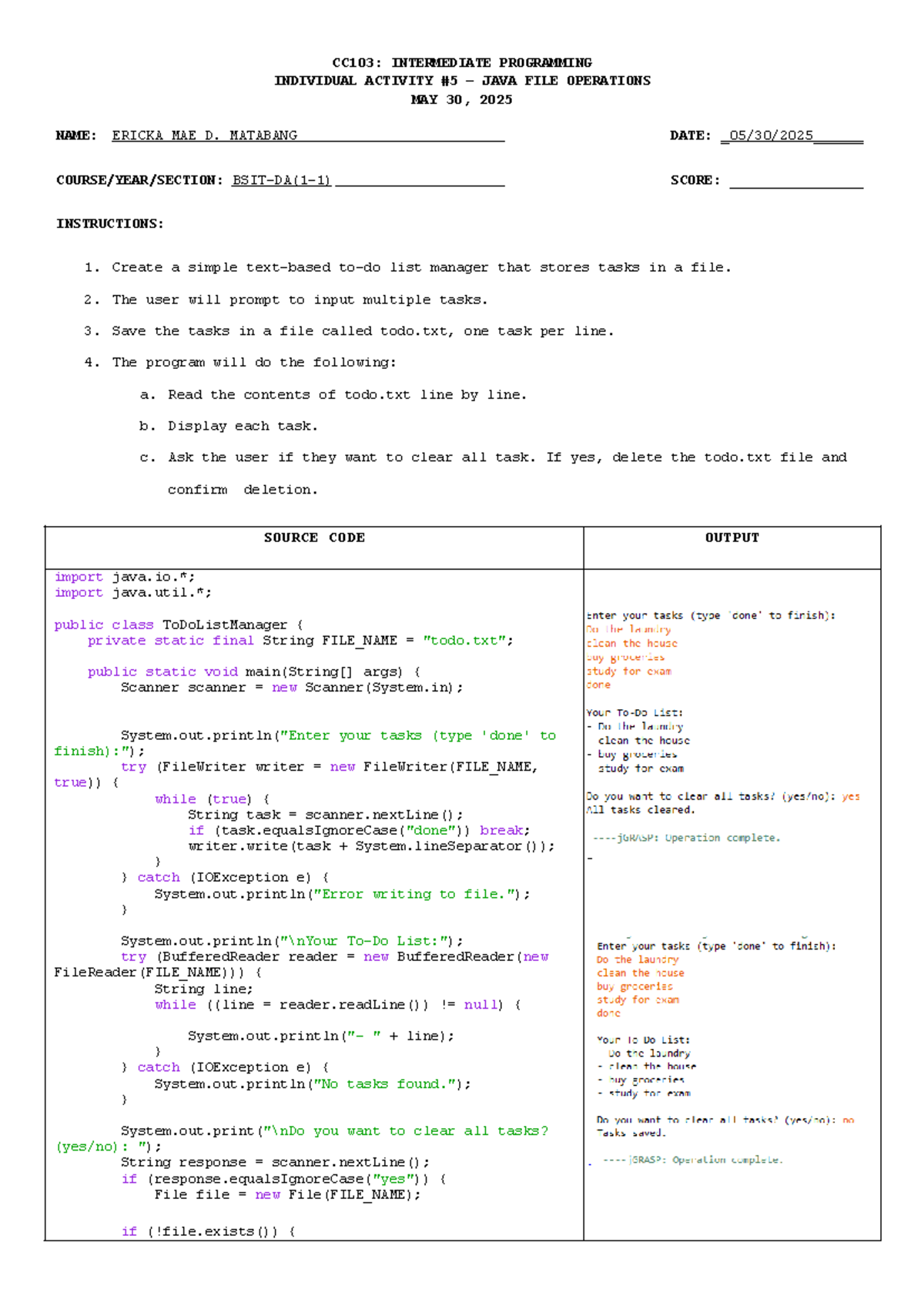 CC103: Final Activity - Java File Operations for Task Management - Studocu