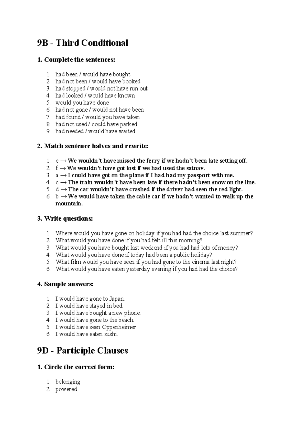 9B Third Conditional & 9D Participle Clauses Exercises - Studocu