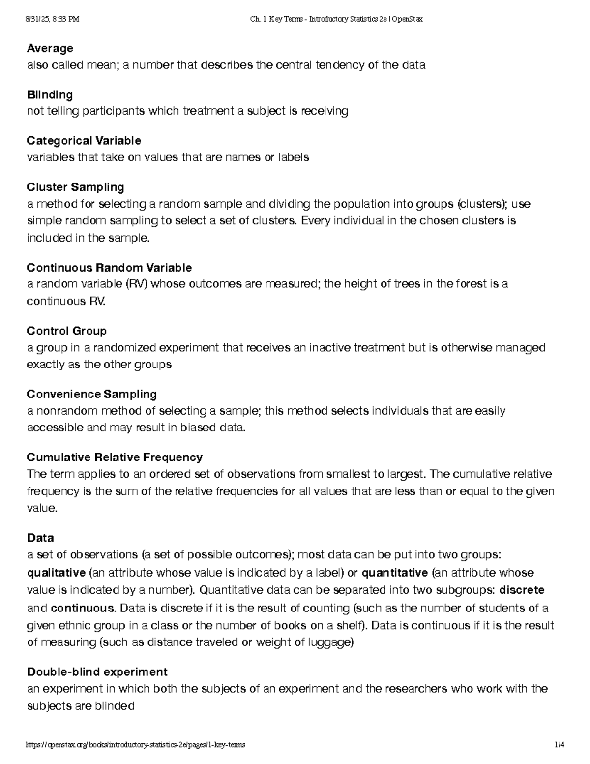 Ch. 1 Key Terms - Introductory Statistics 2e OpenStax - Studocu