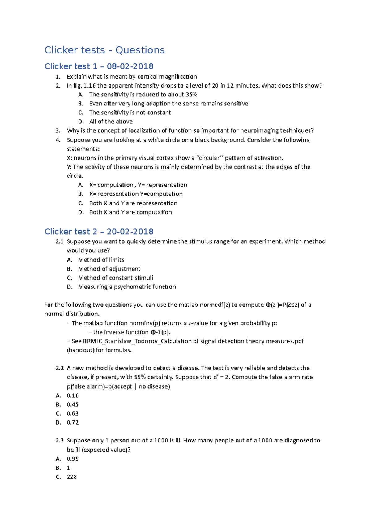 Clicker Tests Questions and Answers: Neuroimaging & Sensory Perception ...