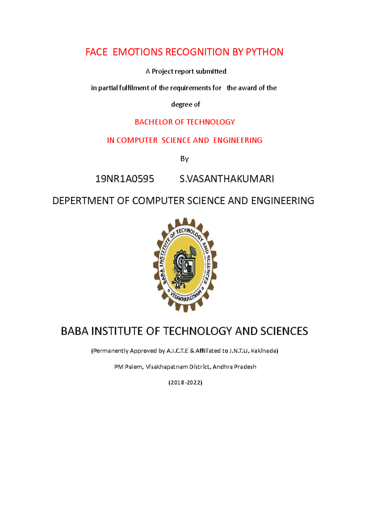 FACE Emotion Recognition in Python - B.Tech Project Report 19NR1A0595 ...
