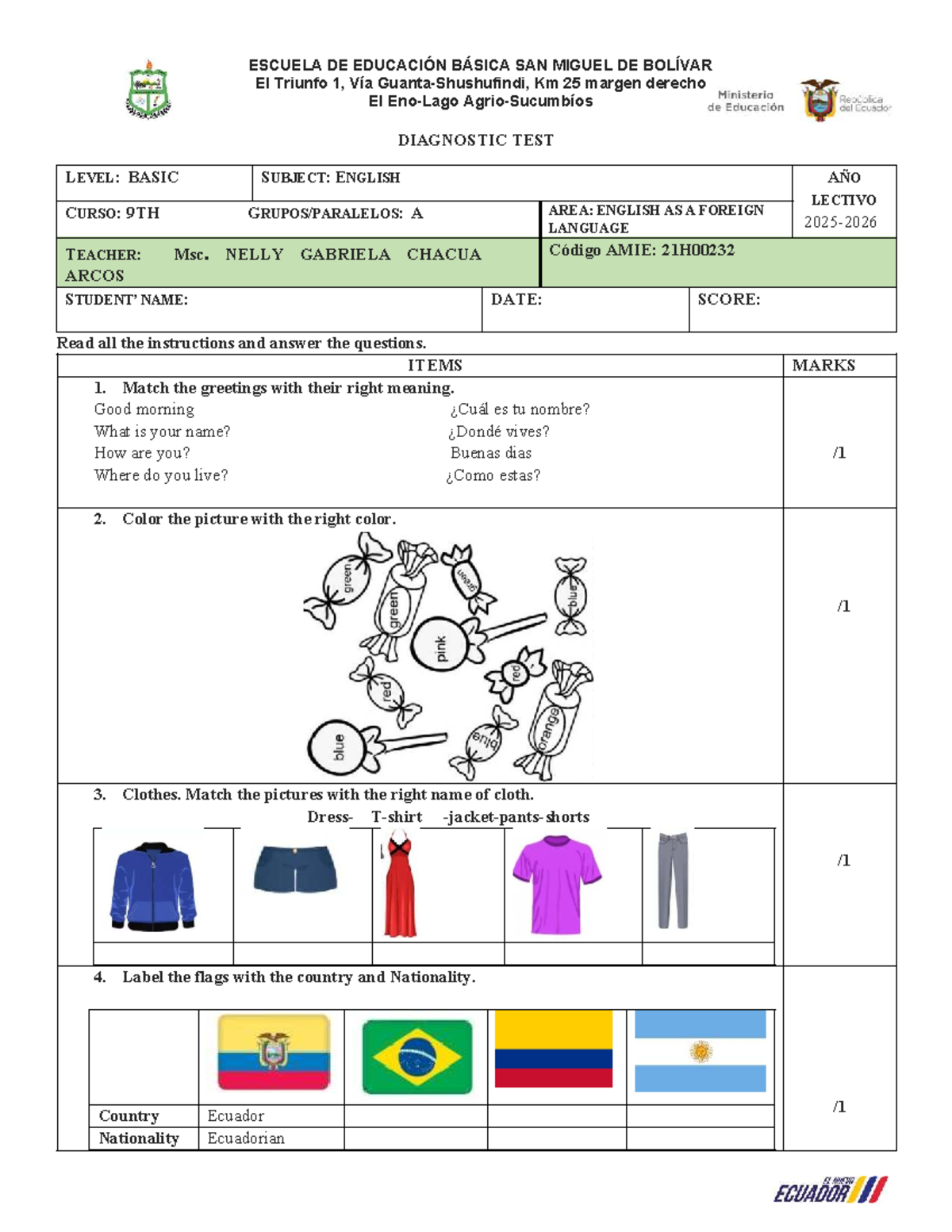 9TH A Diagnostic Test - English as a Foreign Language - Studocu