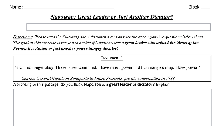 Napoleon DBQ: Great Leader or Power-Hungry Dictator? - Studocu