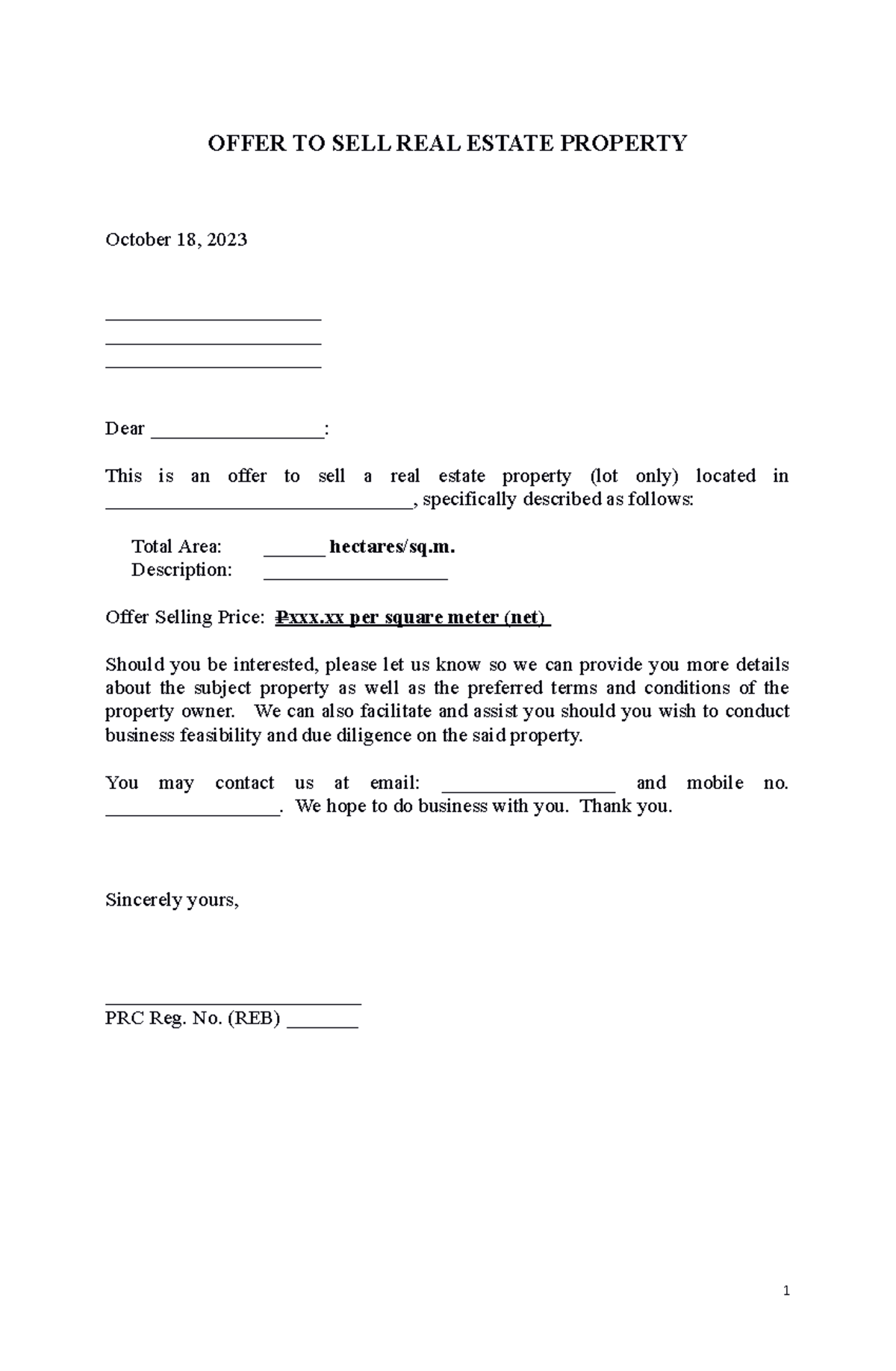 Real Estate Offer to Sell Property - Sample Template - Studocu