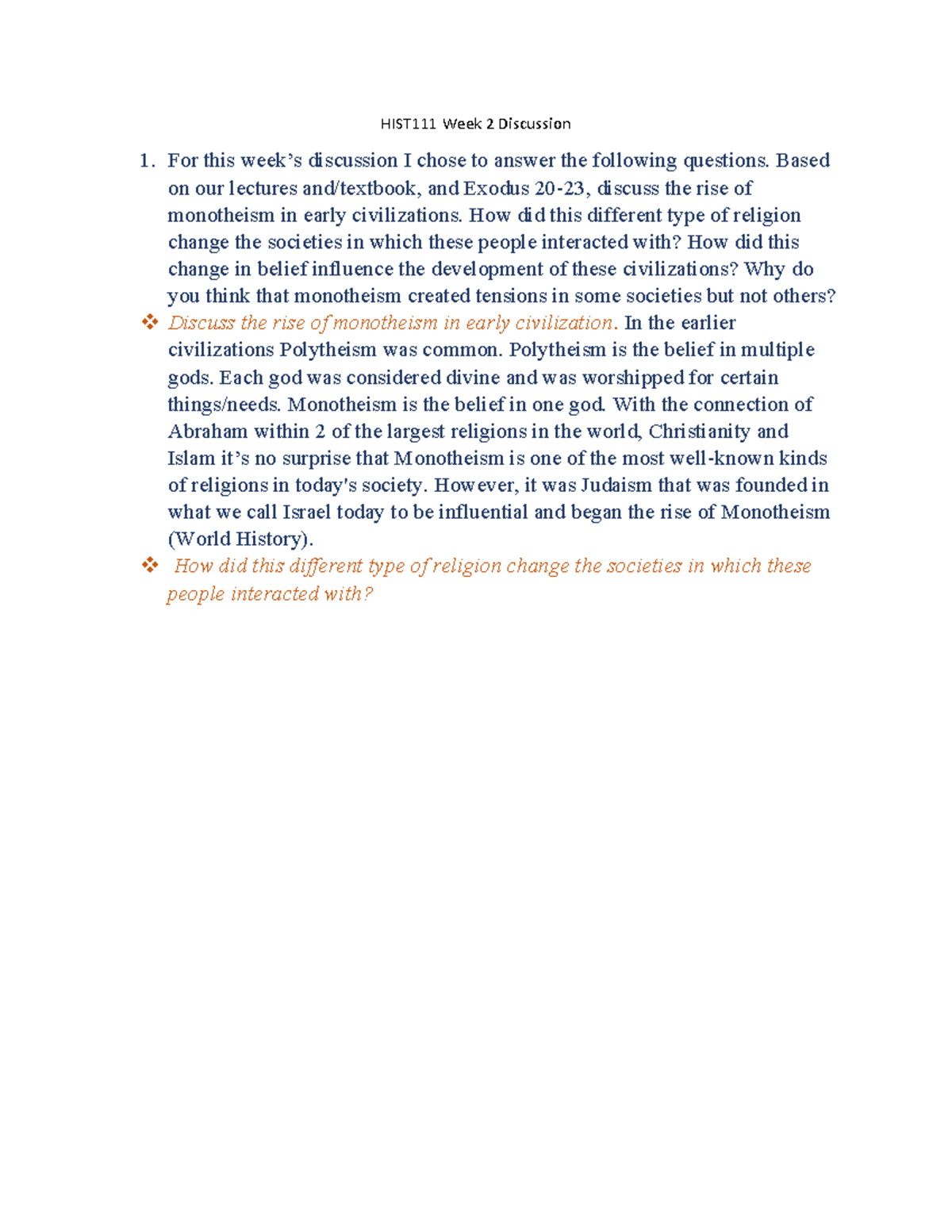 HIST111 WK2 Discussion: The Rise of Monotheism in Early Civilizations ...