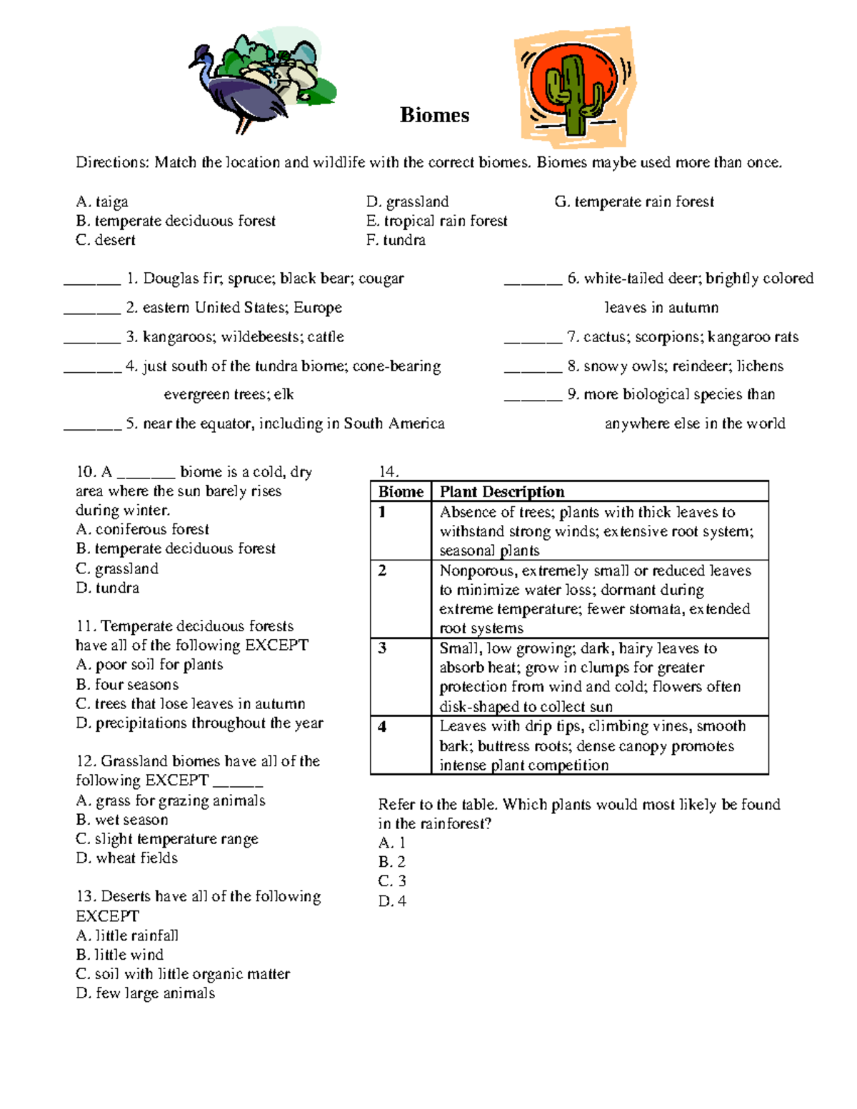 Biome Matching Worksheet