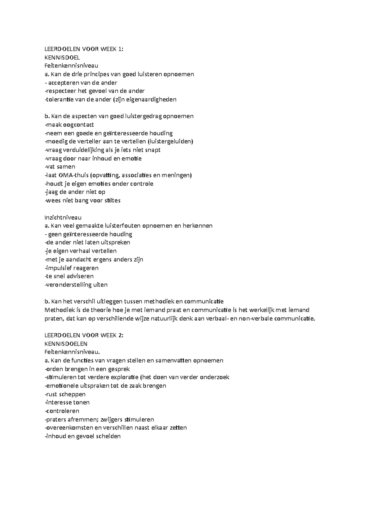 Samenvattig - samenvatting leerdoelen - LEERDOELEN VOOR WEEK 1 ...