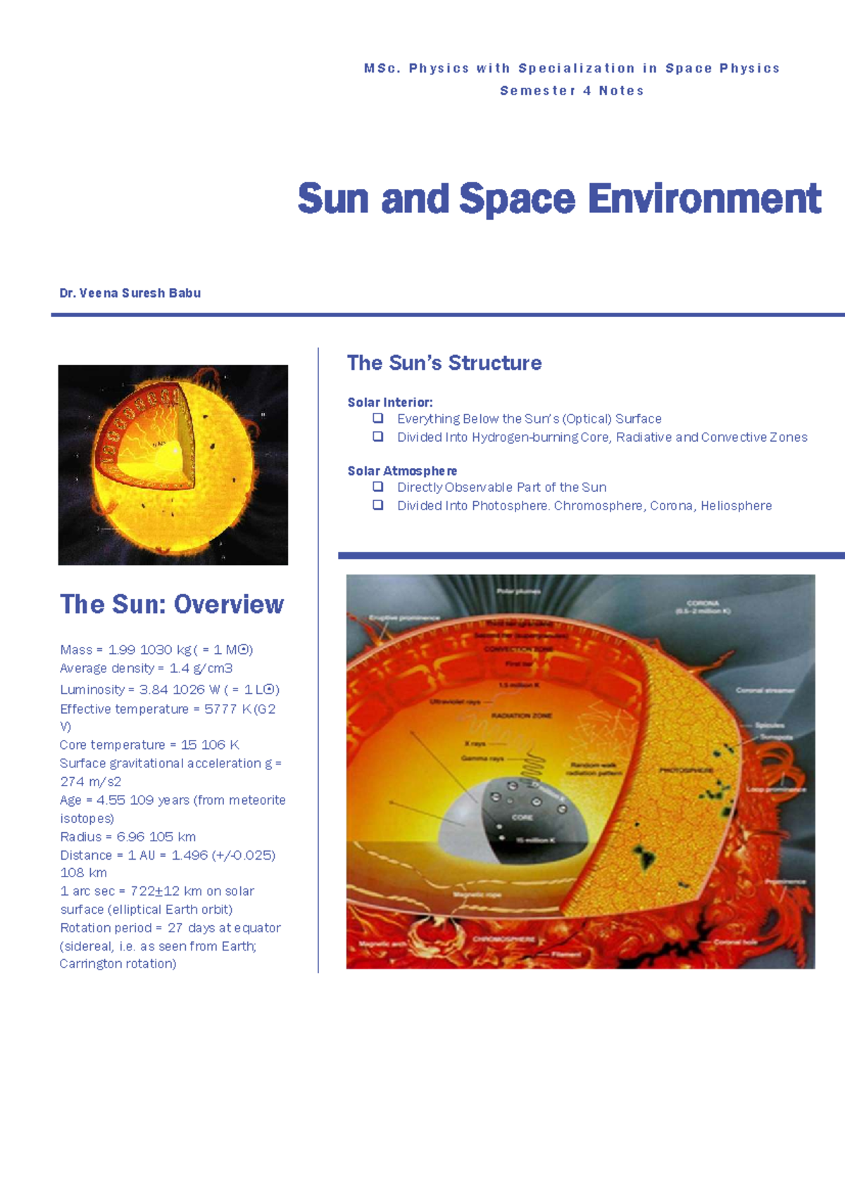 MSc. Physics (Space Physics) Sem 4: Solar Structure & Environment Notes ...