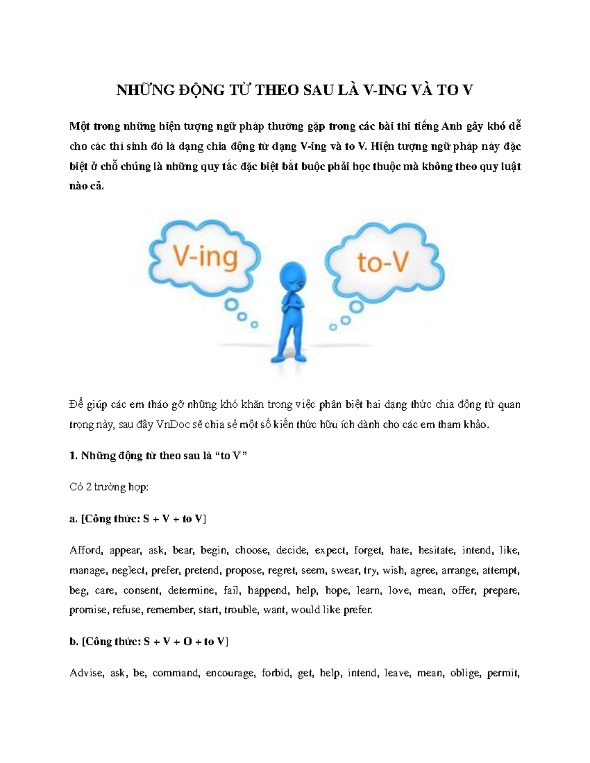 TIẾNG ANH - CÁCH SỬ DỤNG TO V & V-ING (NHỮNG ĐỘNG TỪ THEO SAU) - Studocu