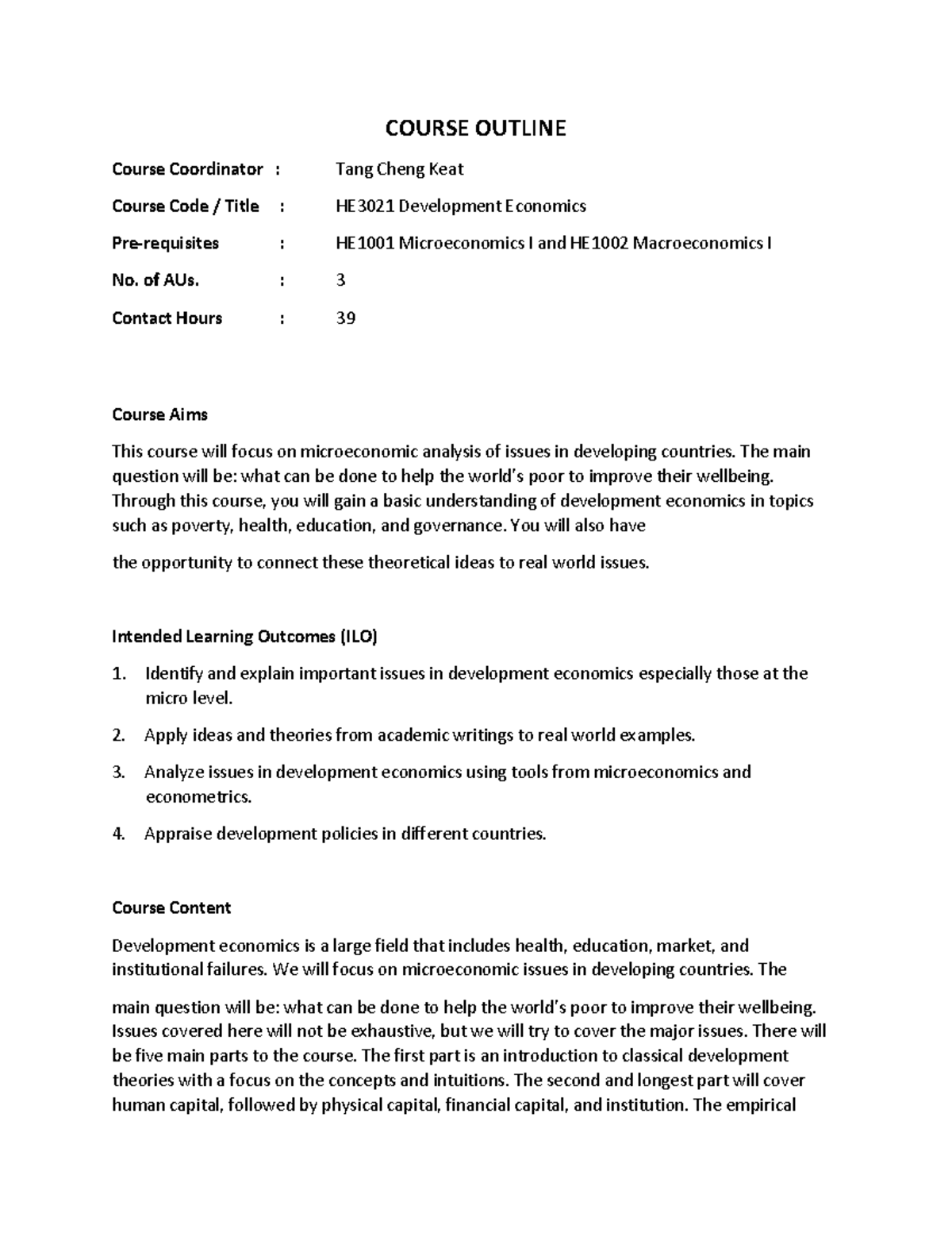 HE3021 Course Outline: Development Economics Overview and Aims - Studocu