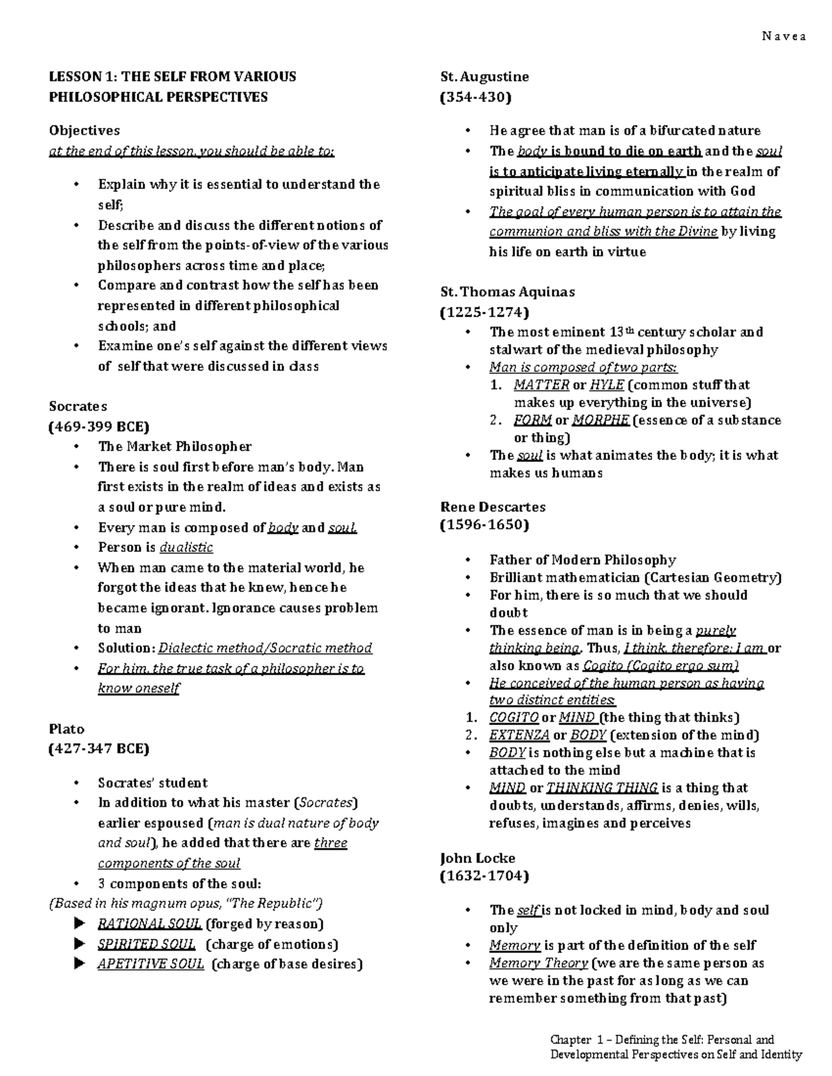 Lesson 1 v - Chapter 1 – Defining the Self: Personal and LESSON 1: THE ...