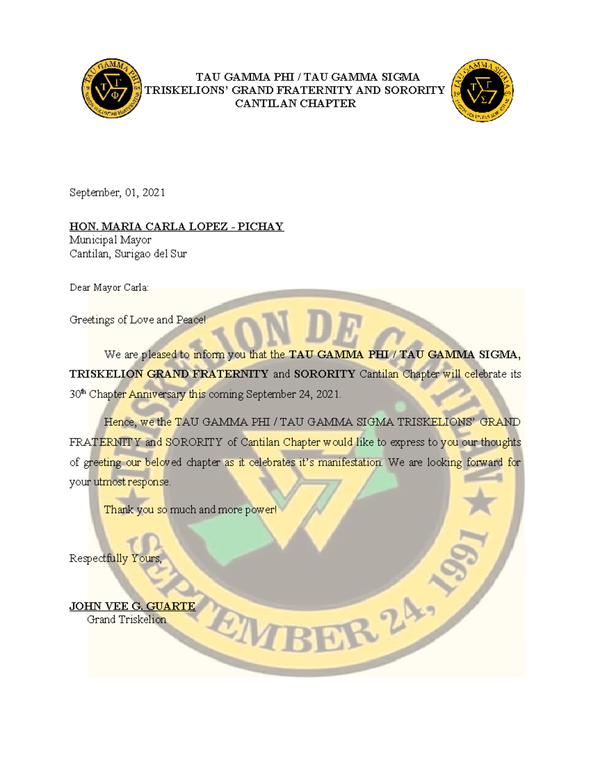 Request Letter for TAU GAMMA PHI / TAU GAMMA SIGMA Chapter Anniversary ...