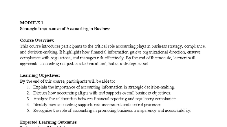 Module 1 - Strategic Role of Accounting in Business - Studocu