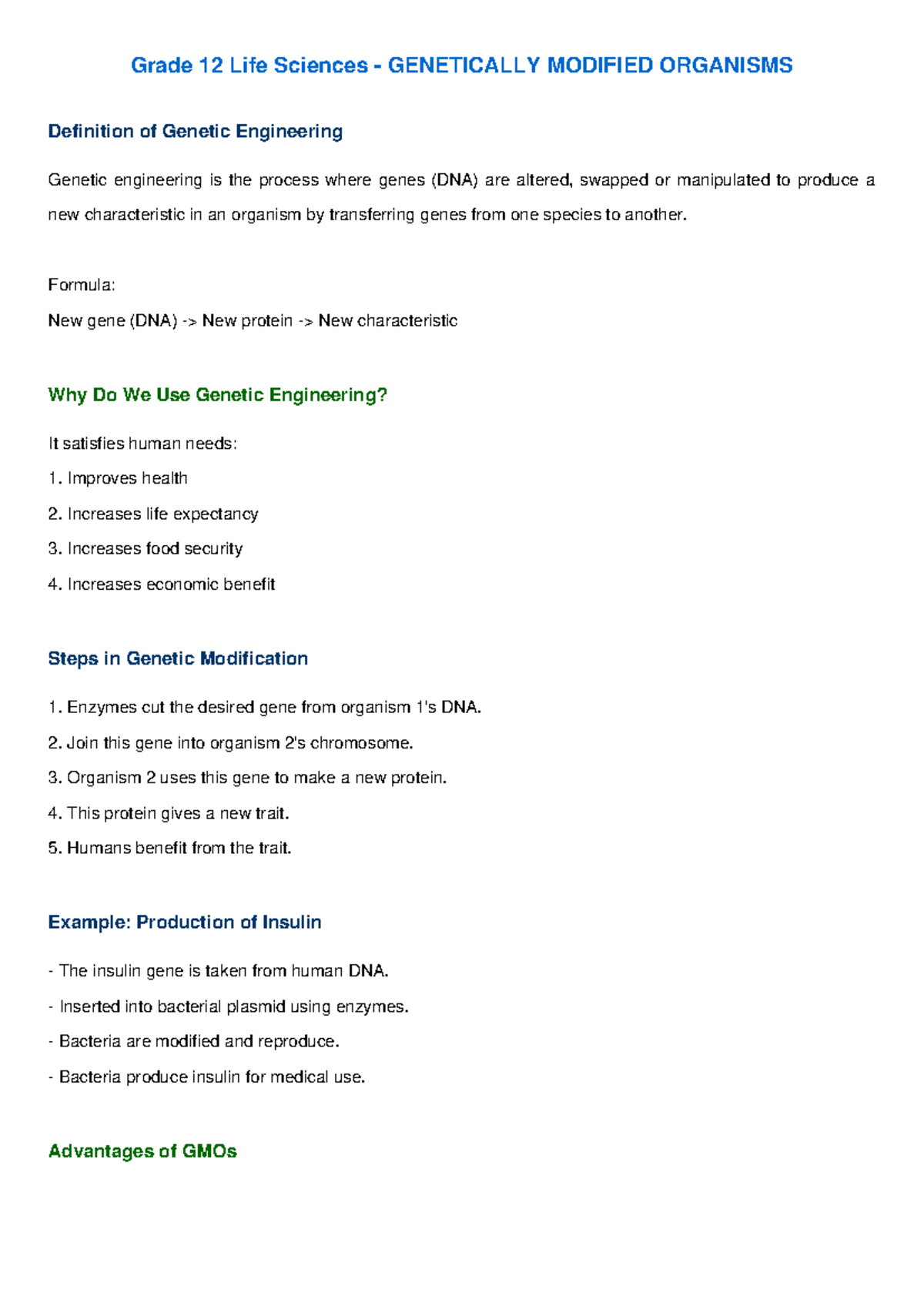 Grade 12 Life Sciences: GMOs Study Notes on Genetic Engineering - Studocu