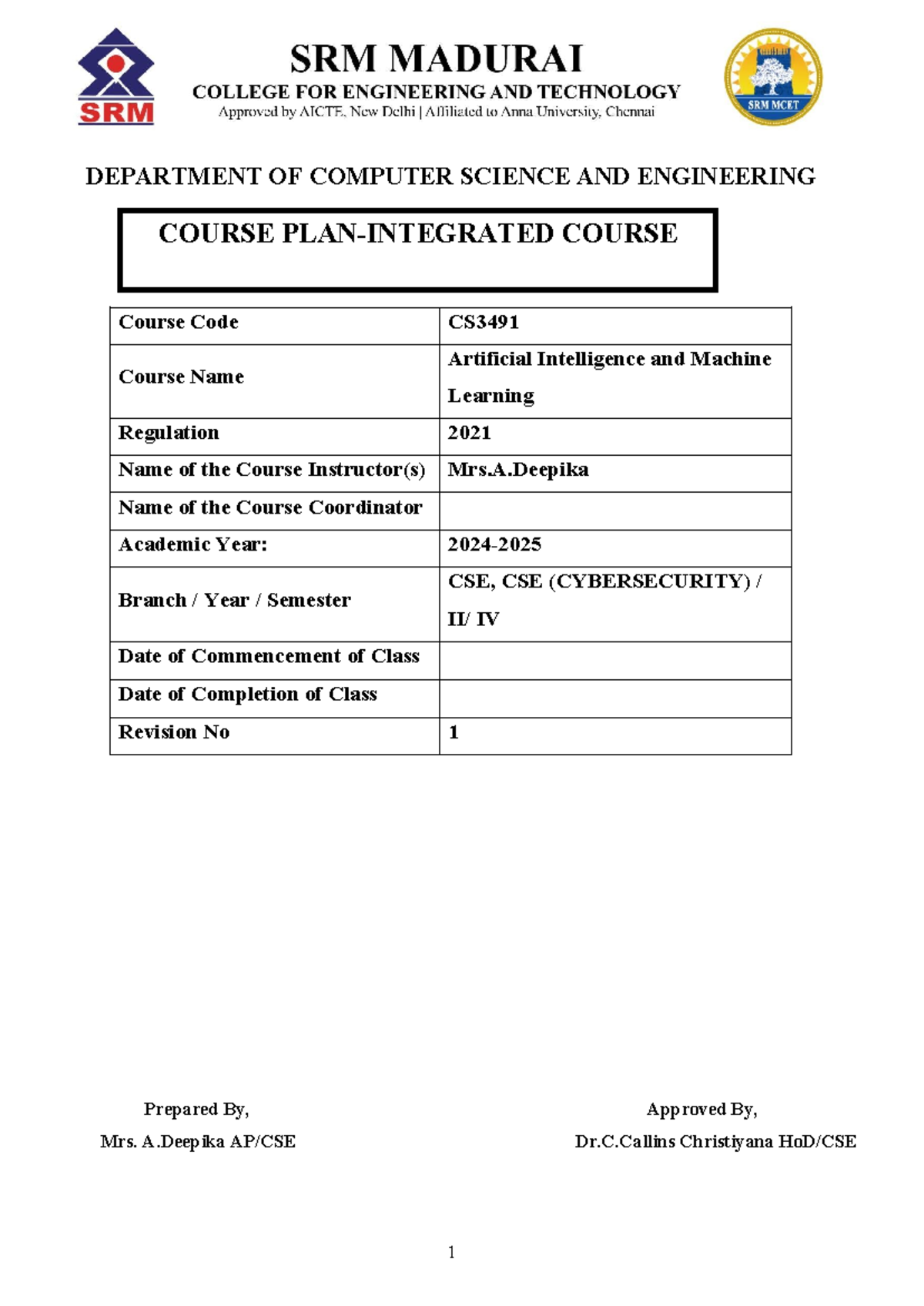 CoursePlan- Integrated- AIML - DEPARTMENT OF COMPUTER SCIENCE AND ...