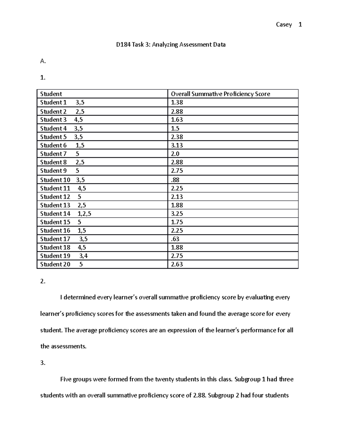 D184 Task 3 - assignment - Casey D184 Task 3: Analyzing Assessment Data A. 1. Student Overall ...