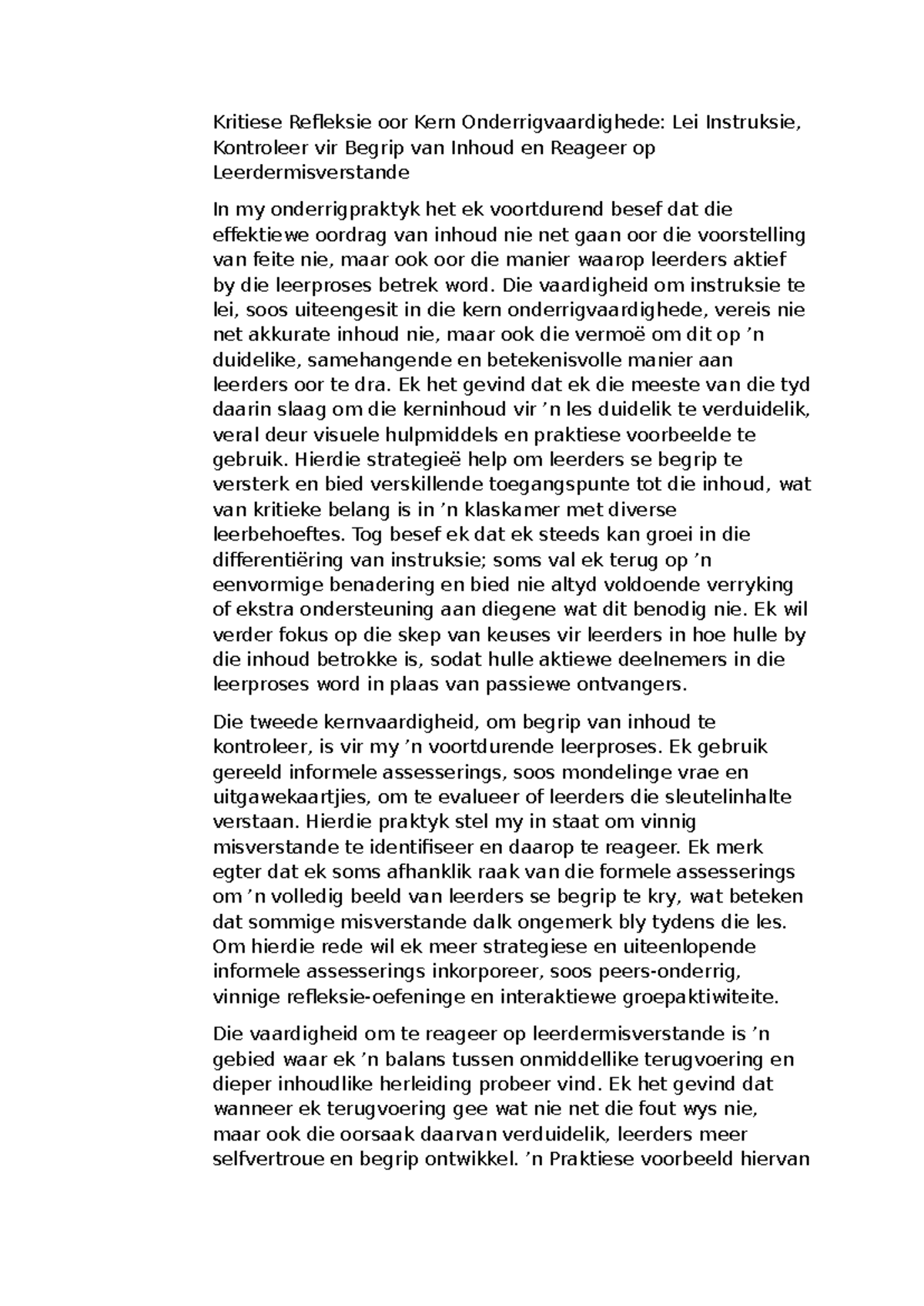 Kritiese Refleksie oor Kern Onderrigvaardighede: Effektiewe Instruksie ...