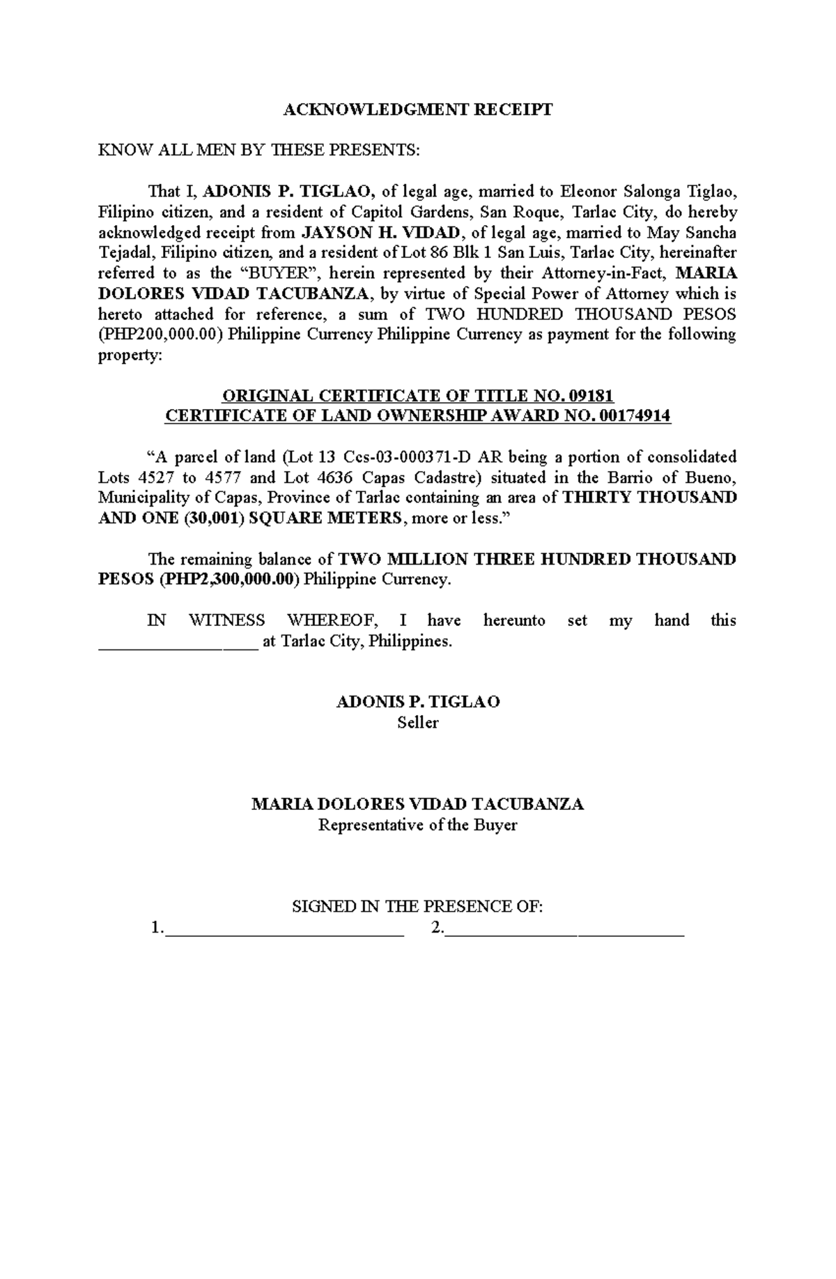 Acknowledgment Receipt of Payment for Property Transfer - Studocu