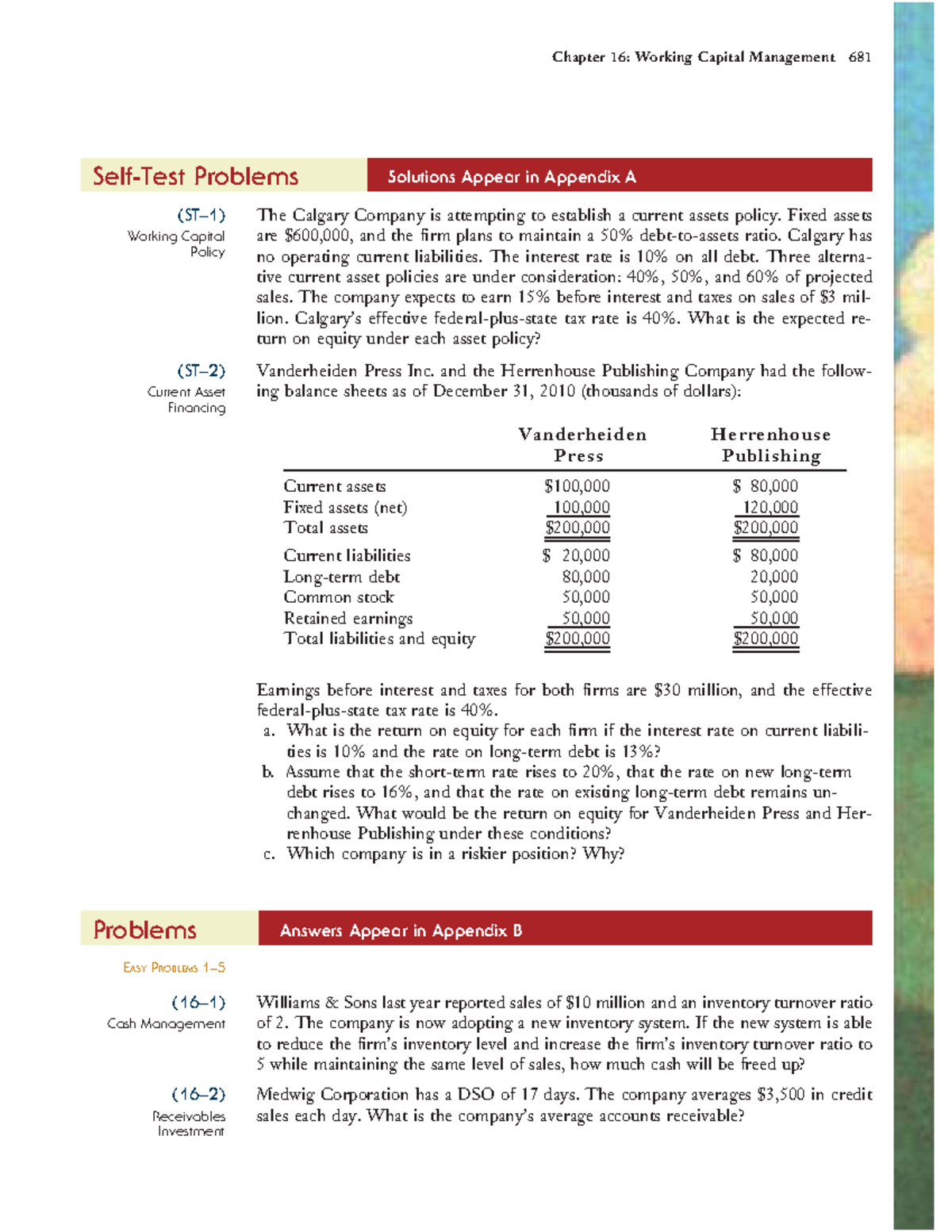 Exercise - finance homework - Self-Test Problems Solutions Appear in ...