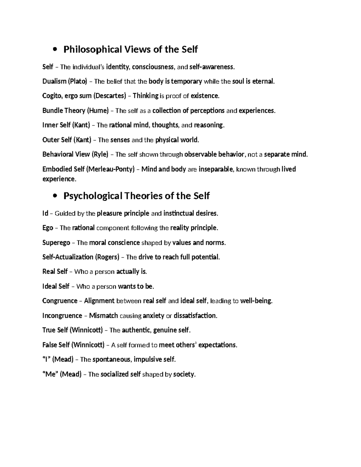 Final Exam Review: Philosophical Perspectives on the Self - Studocu