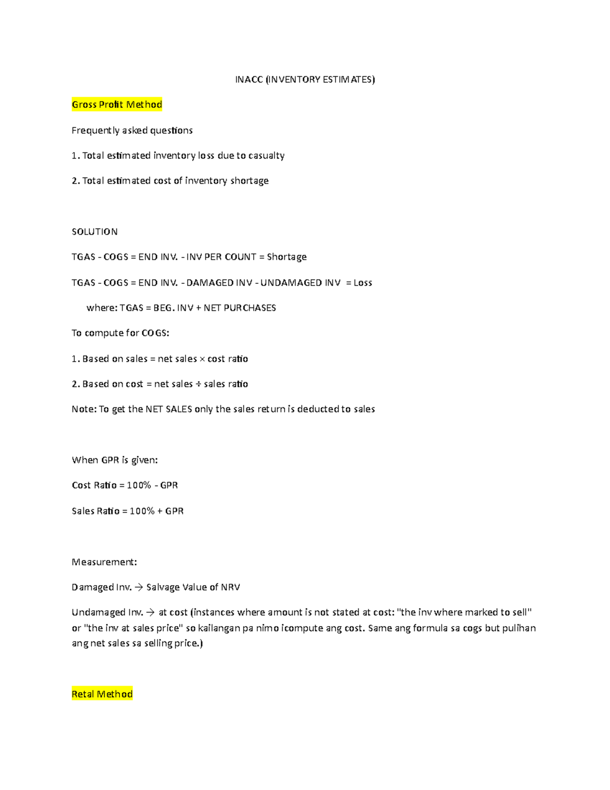 INACC (Inventory Estimates) - Gross Profit Method Details & Formulas ...