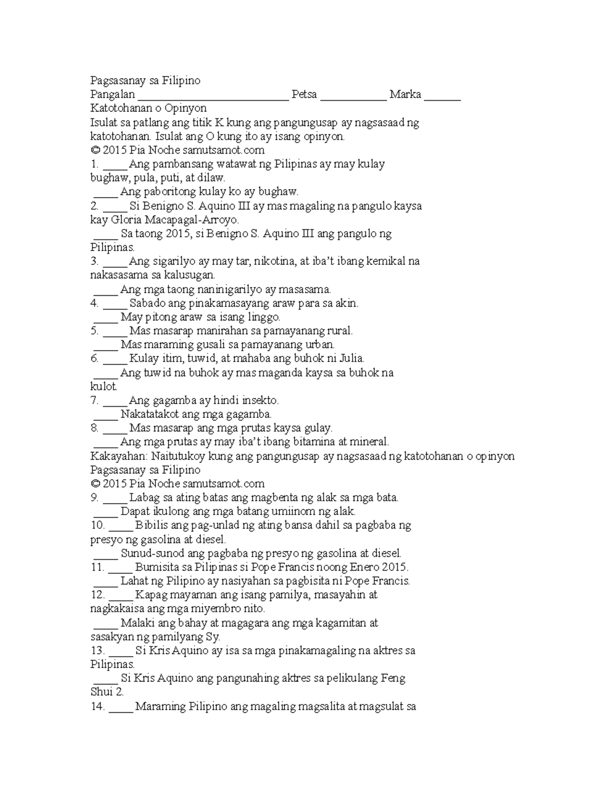 425679341 Pagsasanay sa Filipino katotohanan o opinyon doc - Pagsasanay ...