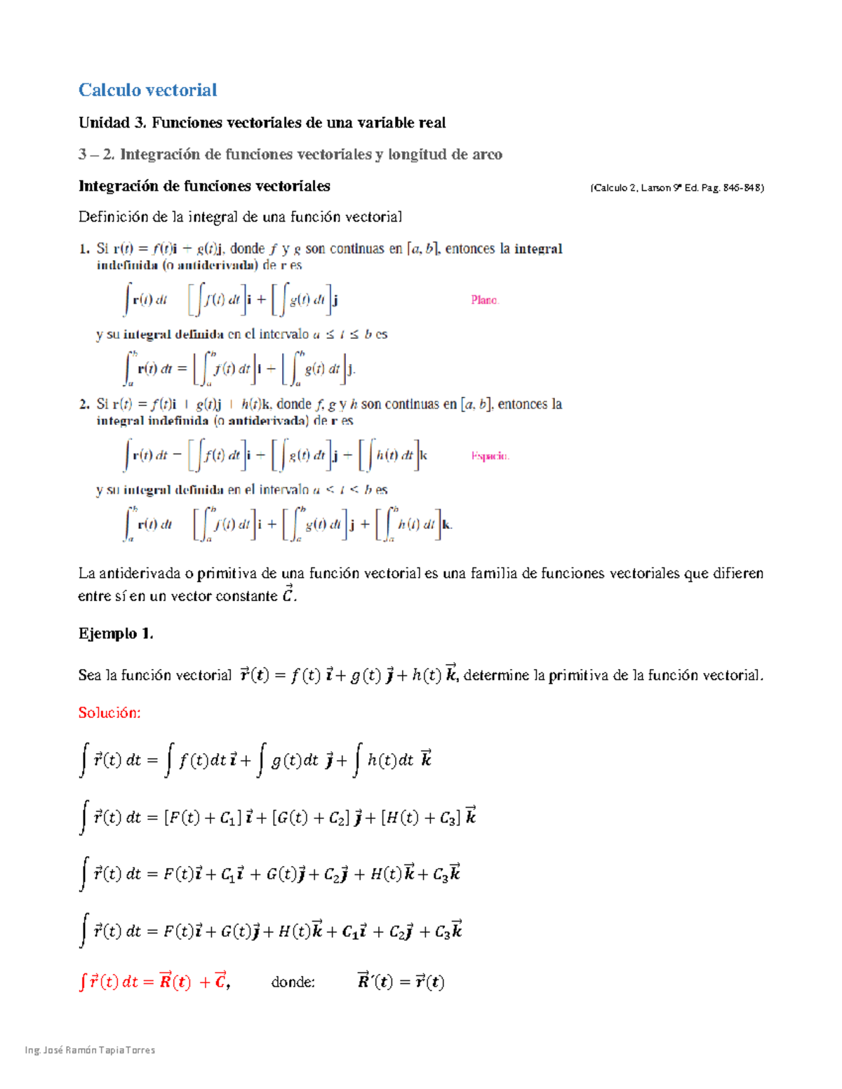 Integración de Funciones Vectoriales y Longitud de Arco - Cálculo 2 - Studocu