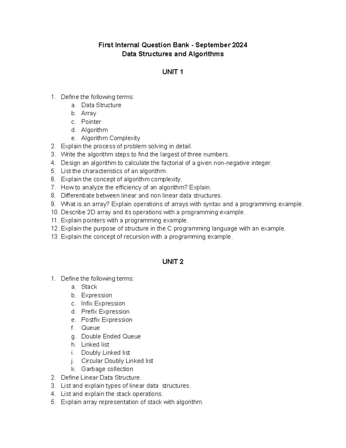 IA 1 Question Bank - DSA - First Internal Question Bank - September ...