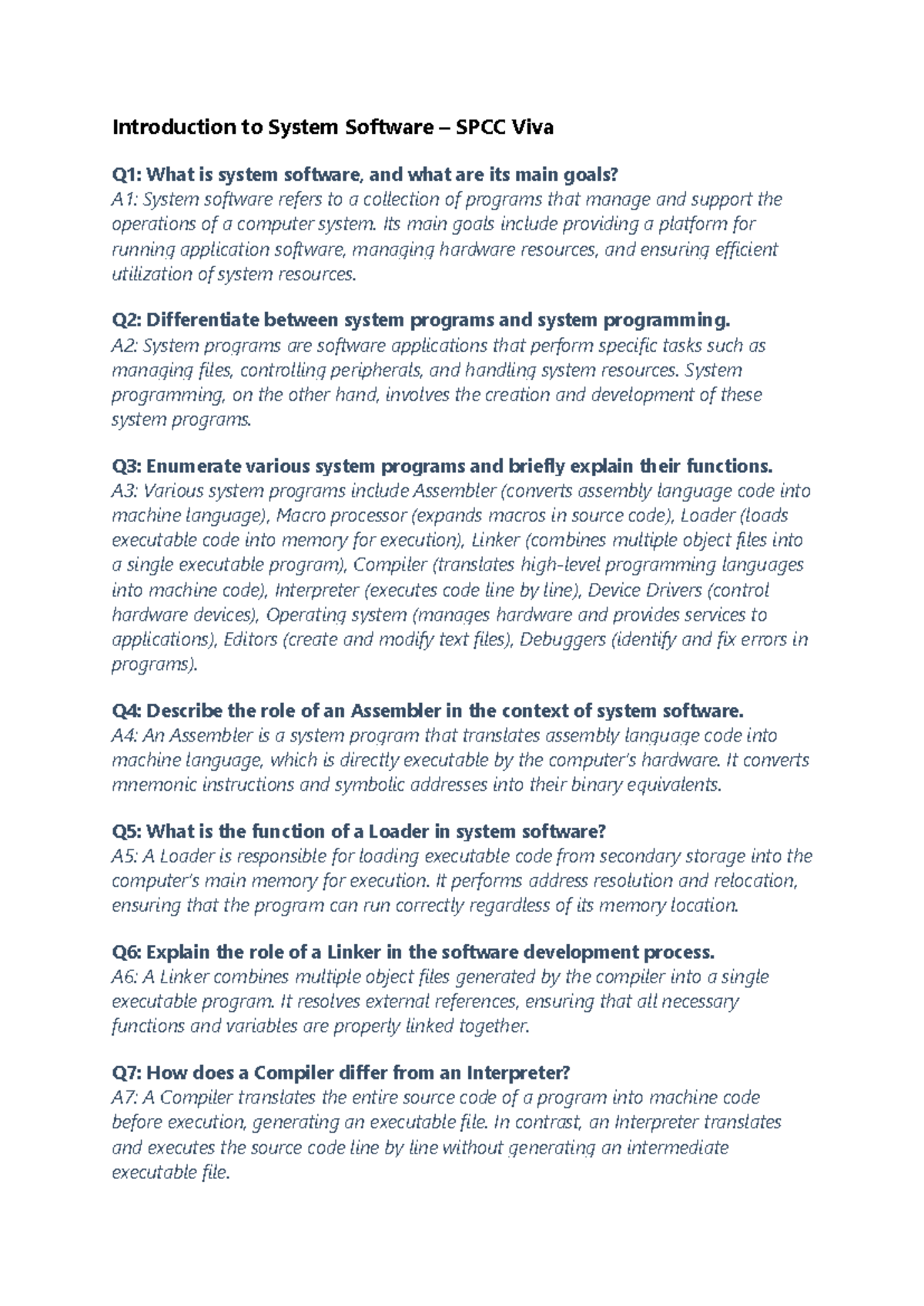 SPCC: System Software Concepts & Terminology for Viva Prep - Studocu