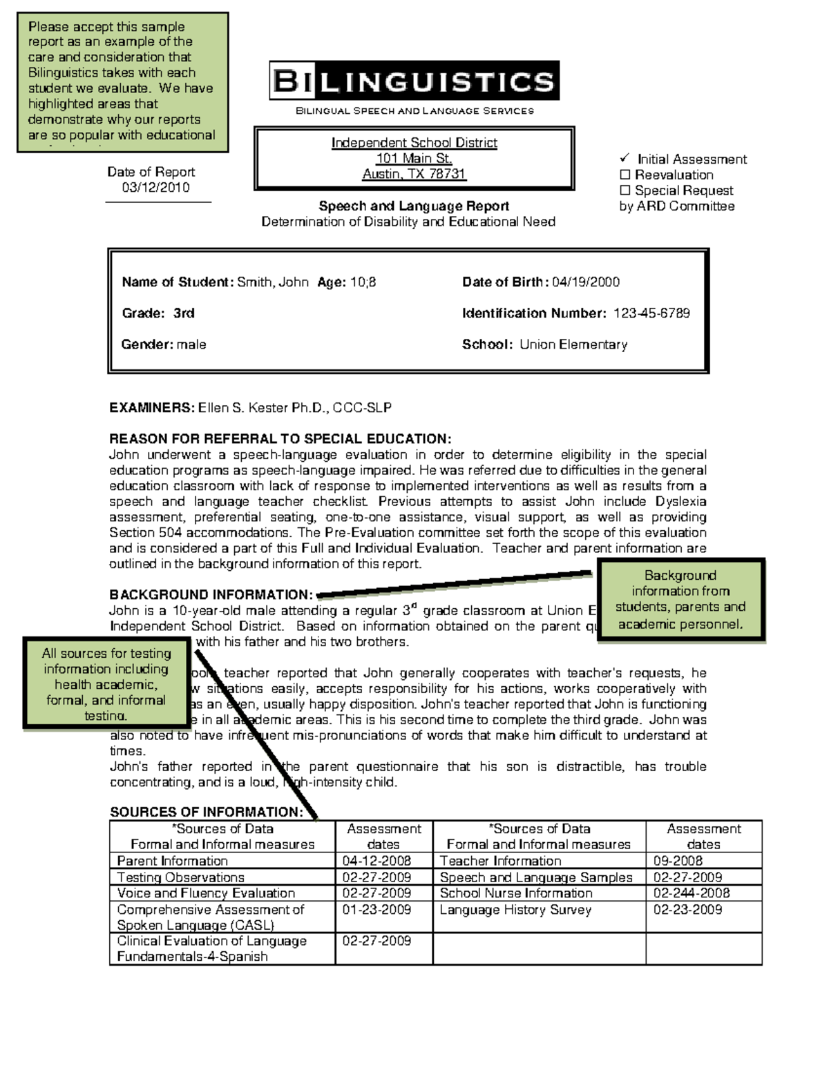 Bilingual Speech-Language Evaluation Report for John Smith (3rd Grade ...