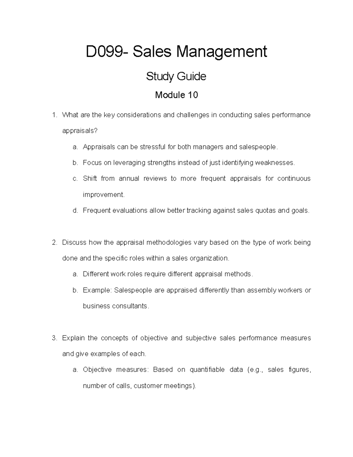 D099-Sales Management Study Guide: Module 10 Insights and Appraisals ...