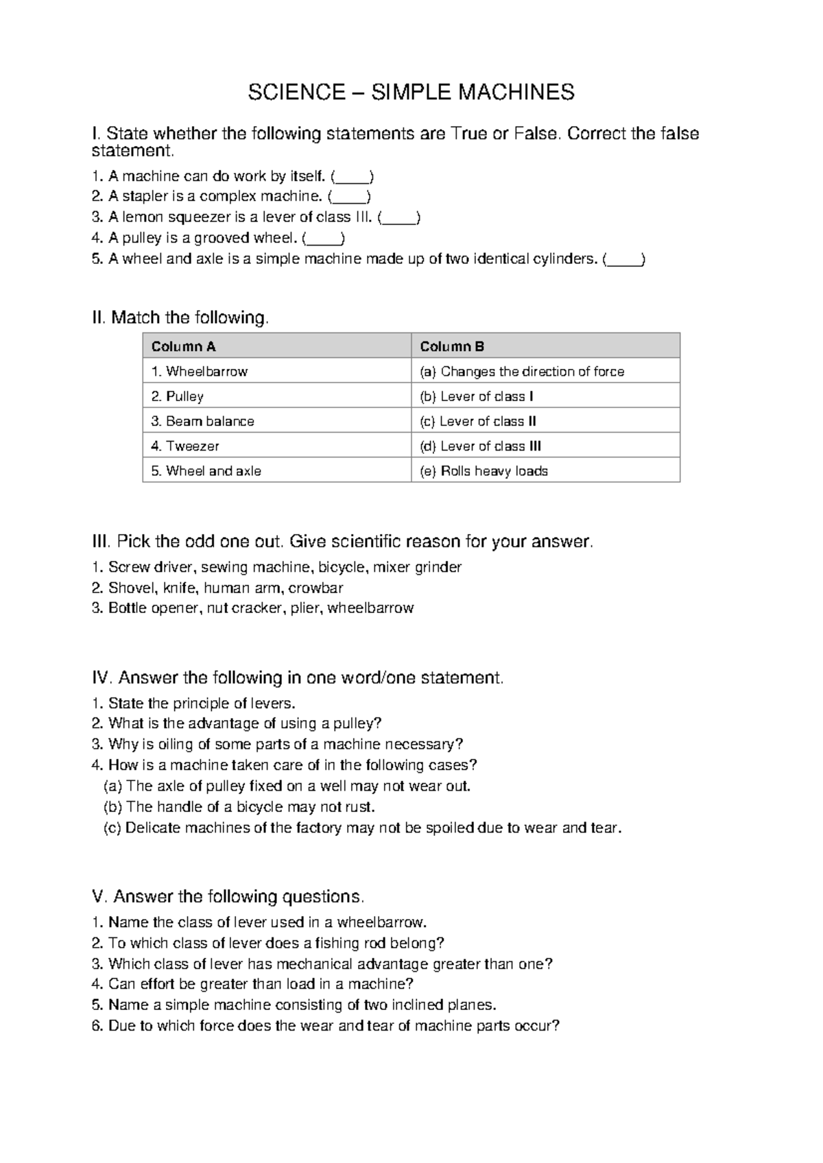 SCIENCE SIMPLE MACHINES I: Question Paper & Answers - Studocu