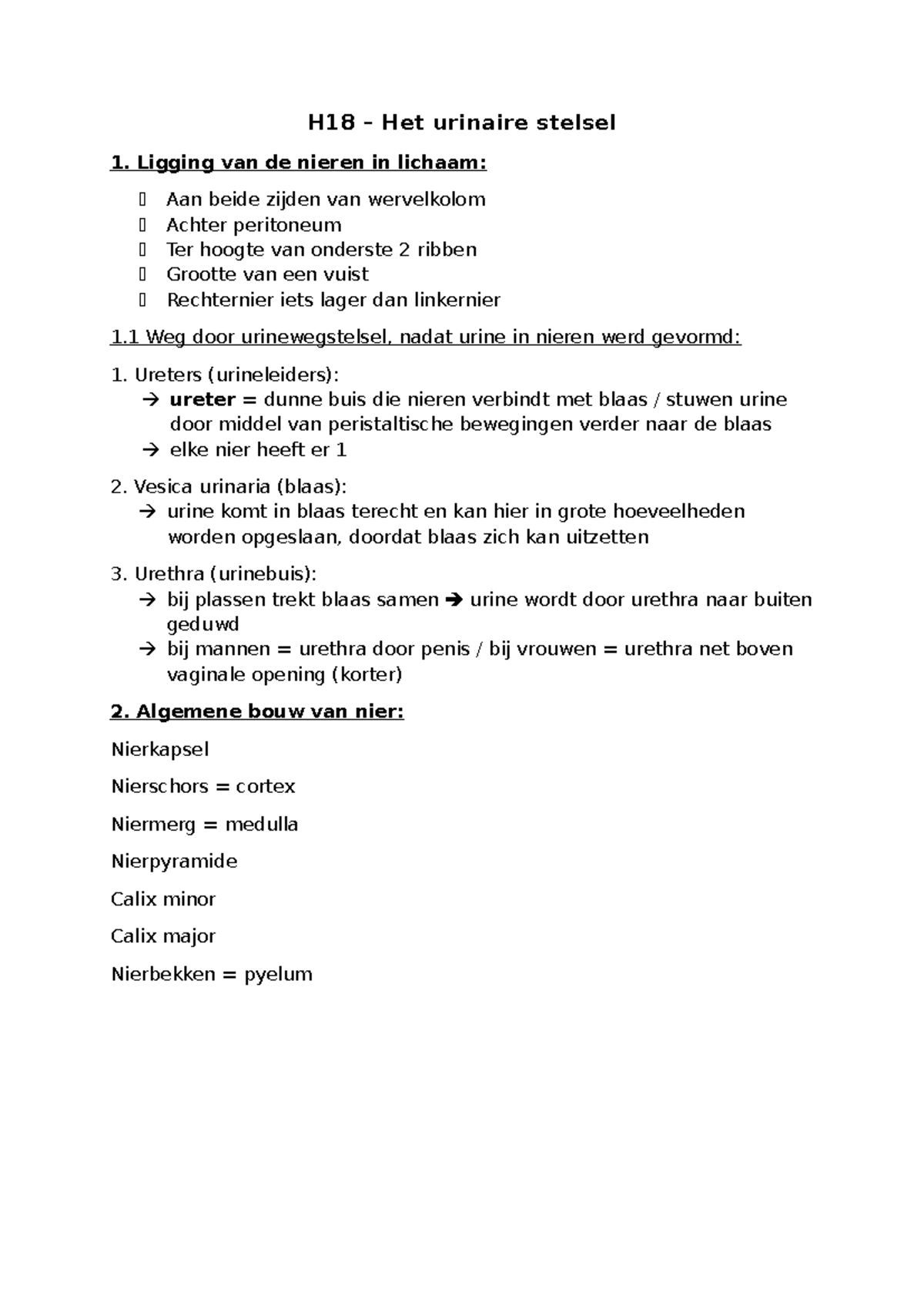 H18 Urinair Stelsel - Samenvatting van Nierstructuur en Functie - Studocu