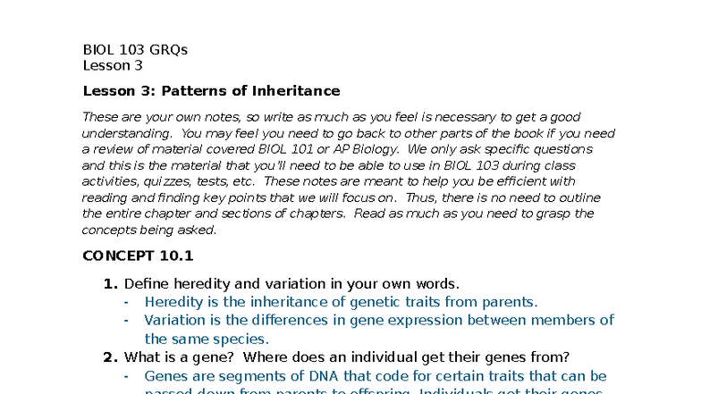 BIOL 103 GRQs: Patterns of Inheritance - Lesson 3 Notes - Studocu