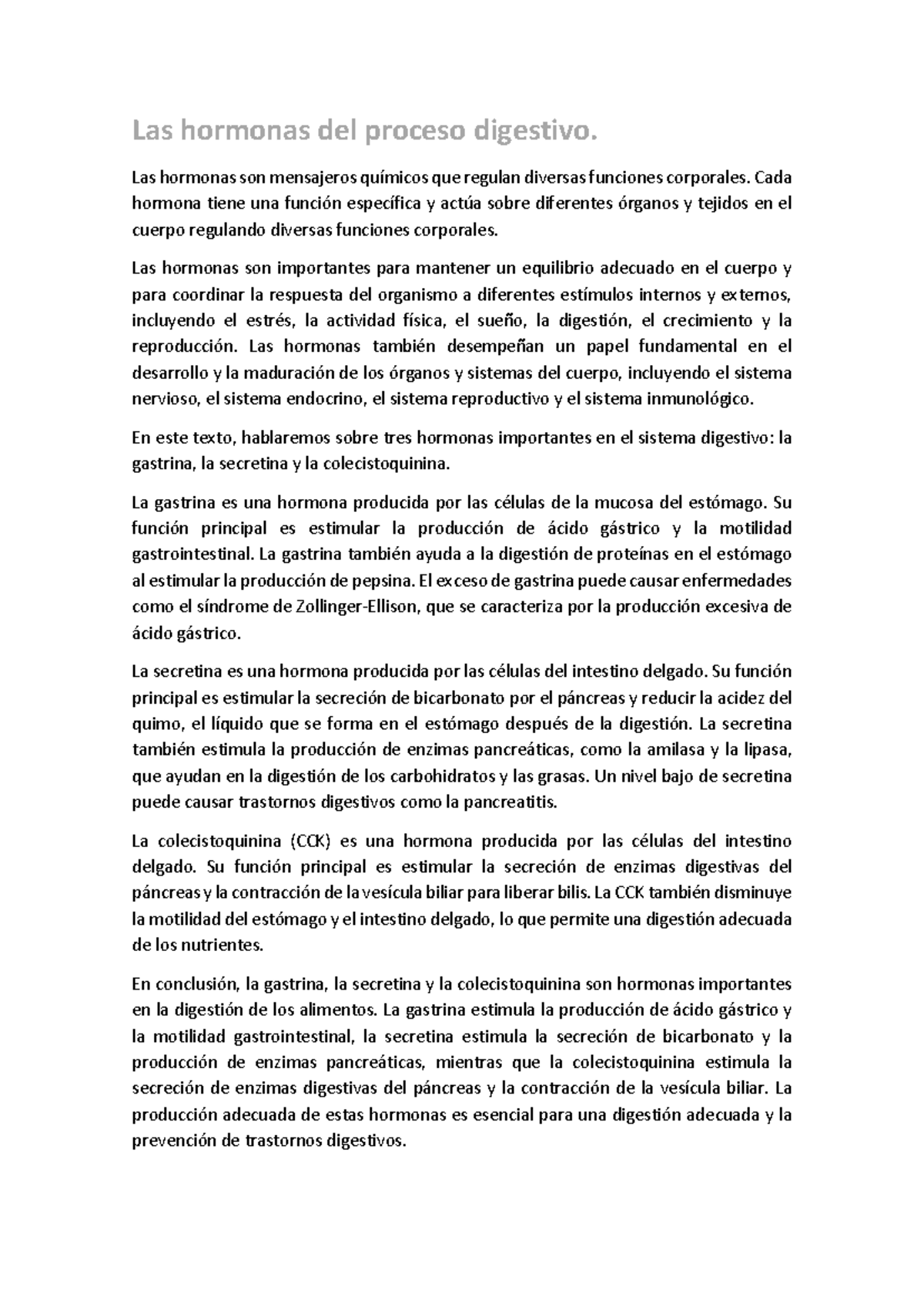 Hormonas Digestivas: Gastrina, Secretina y Colecistoquinina - Studocu