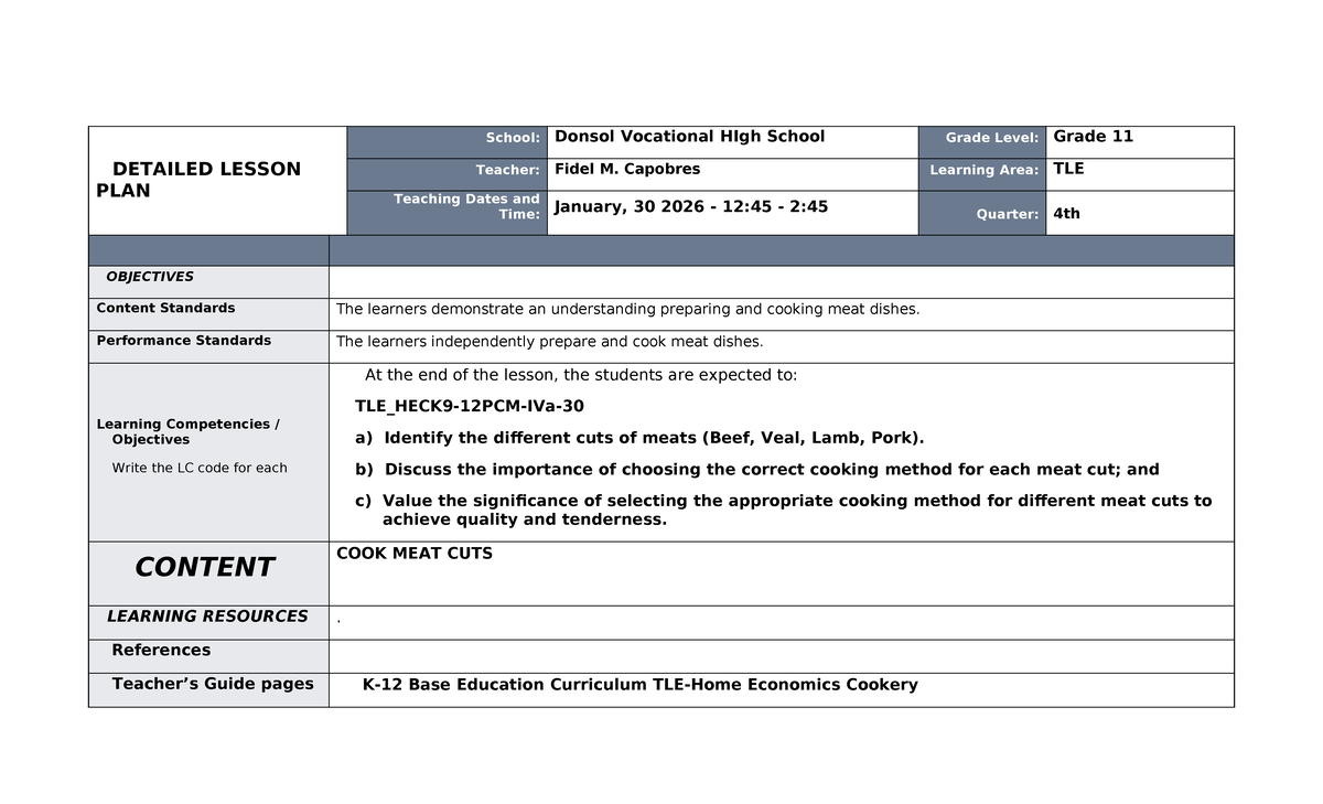 Detailed Lesson Plan: Cooking Meat Cuts for TLE 11 - Studocu