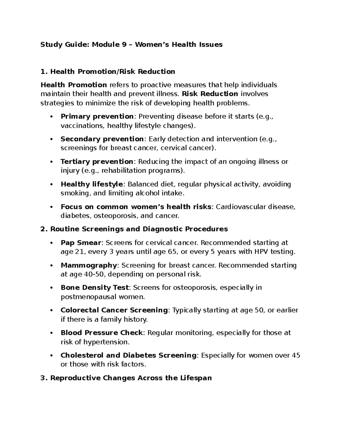 Study Guide OB module 9 - notes - Study Guide: Module 9 – Women’s ...