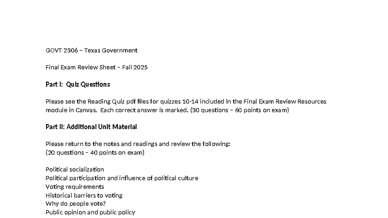GOVT 2306 Texas Government Final Exam Review Sheet Fall 2025 - Studocu