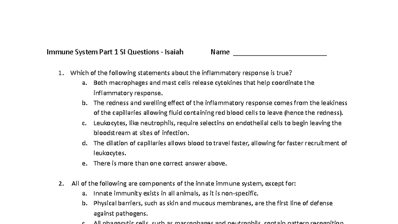 Week 3 - Immune System Part 1 SI Questions & Answers - Studocu