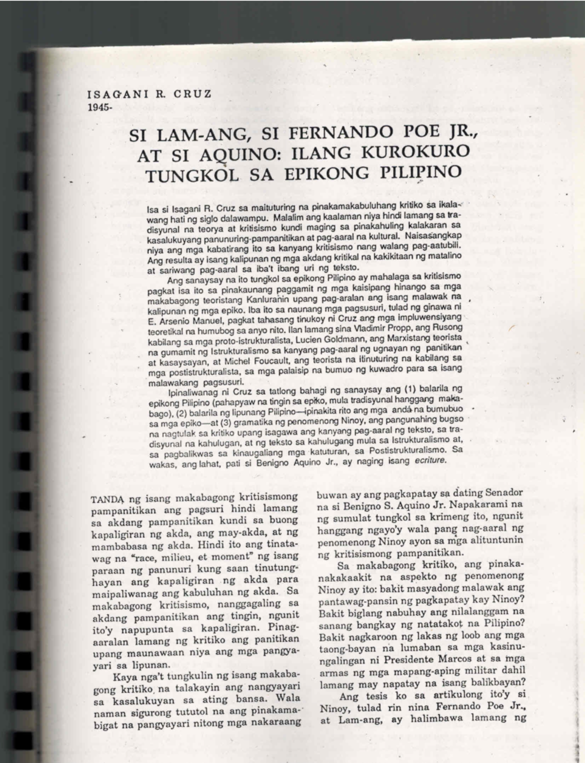 ISAGANI R. CRUZ: Kritisismo sa Epikong Pilipino at Bayaning Ninoy - Studocu