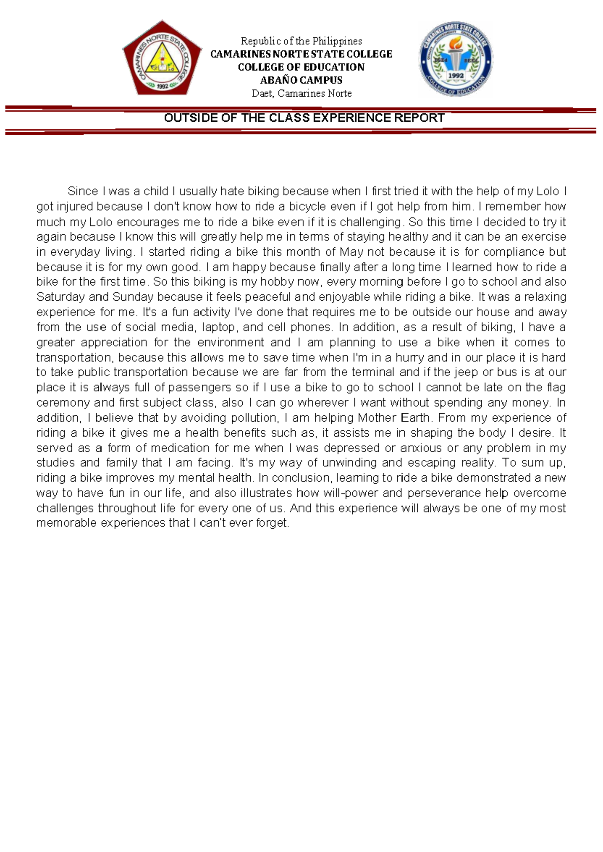 PE Report: My Journey to Learning Biking and Its Benefits - Studocu