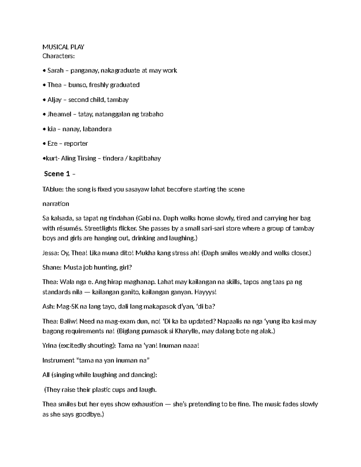 MUSICAL PLAY Script: Unemployment Struggles and Family Dynamics - Studocu