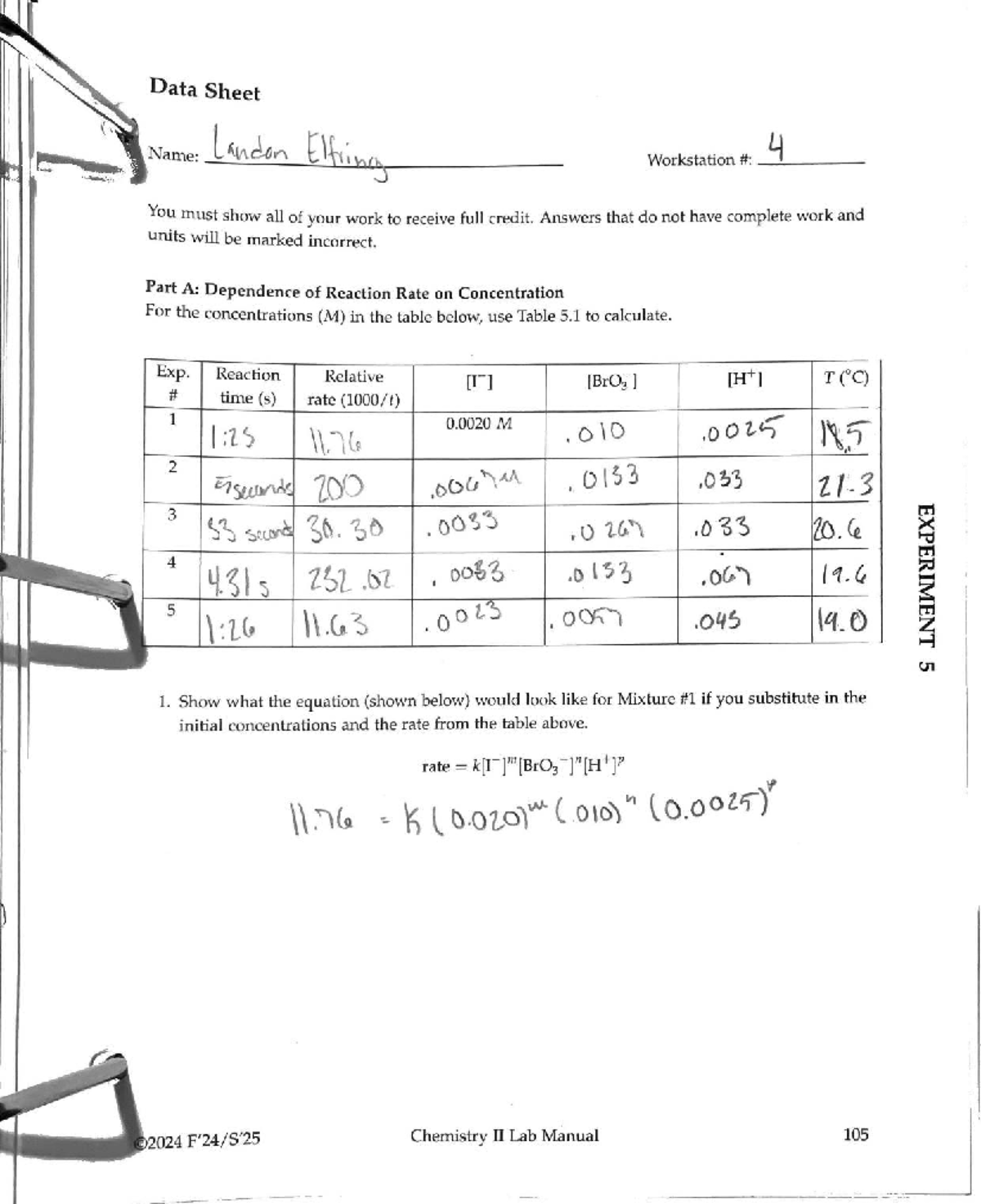 Chemistry II Lab Manual: Experiment 8 - Reaction Rate Analysis - Studocu