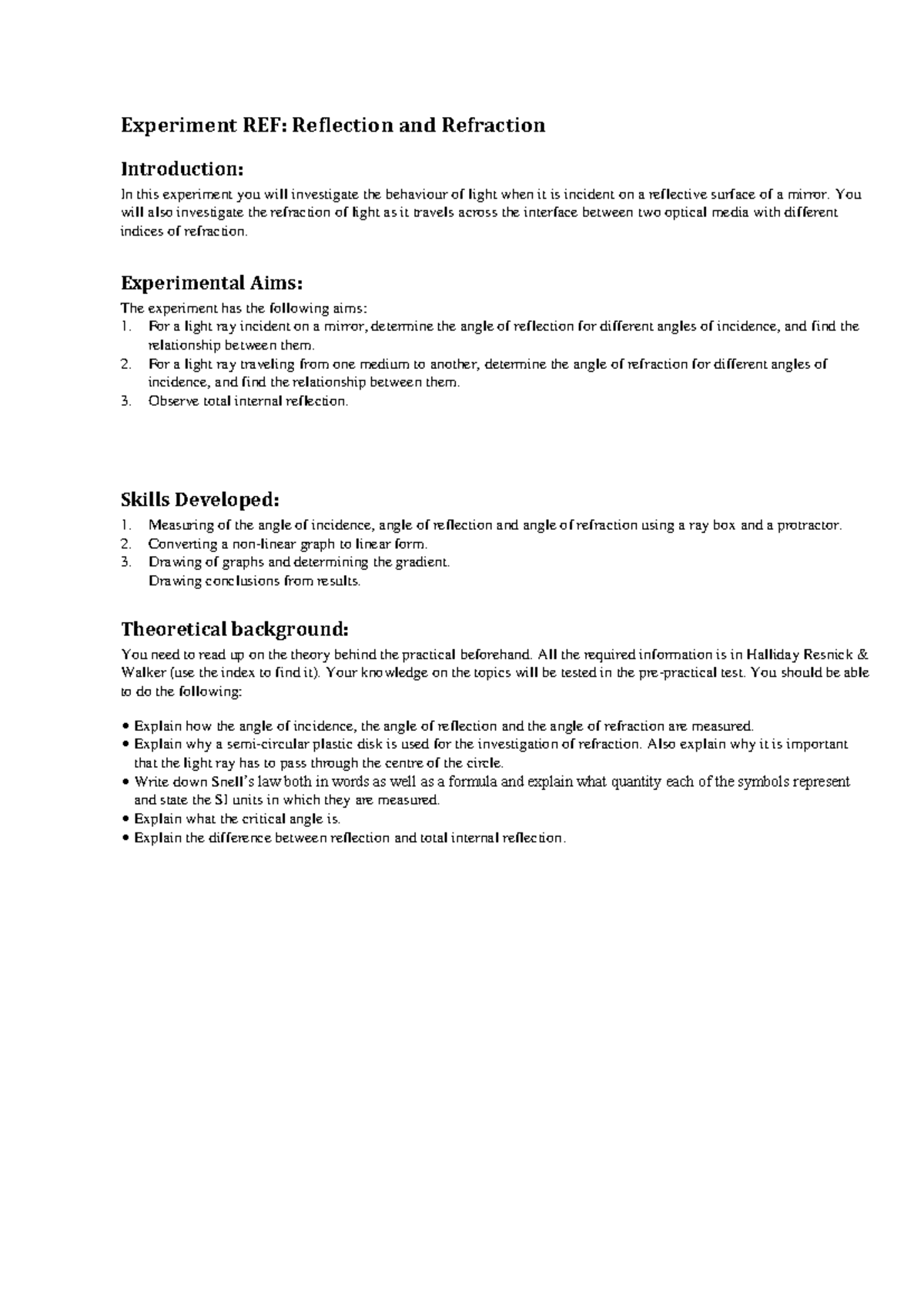 REF 114 Experiment: Reflection & Refraction Analysis Memo 2023 - Studocu