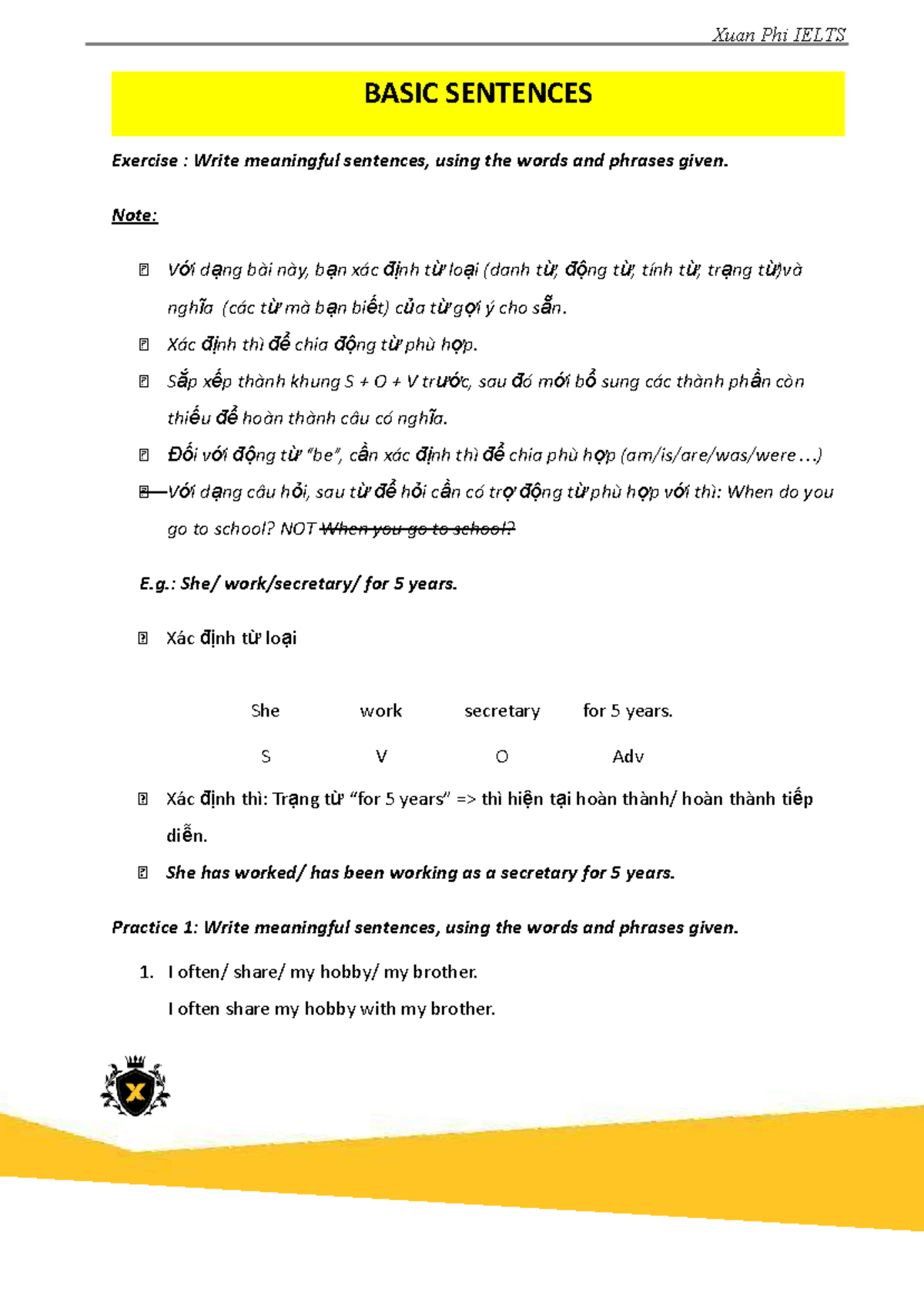 Sentences for writing - BASIC SENTENCES Exercise : Write meaningful ...
