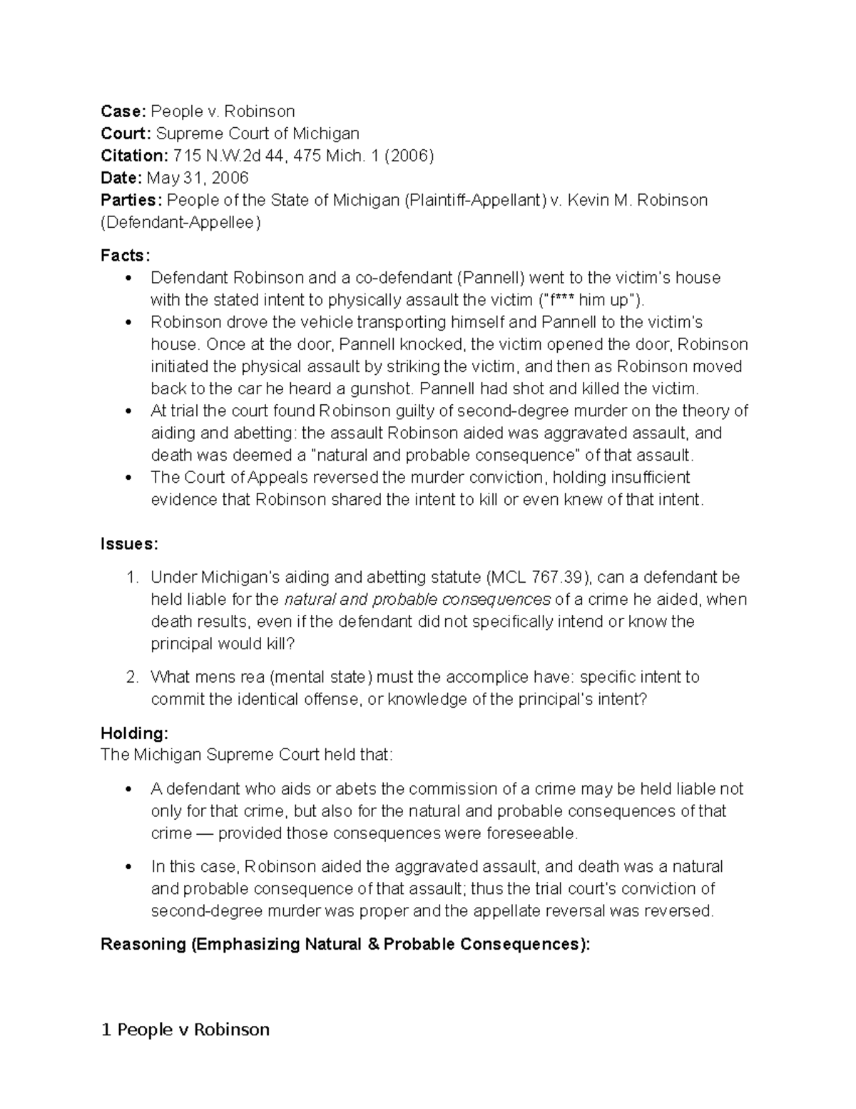 Case Study: People v. Robinson - Supreme Court of Michigan - Studocu