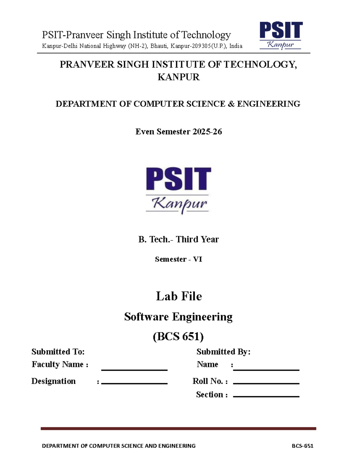 Software Engineering Lab File (BCS 651) - Third Year Semester VI - Studocu